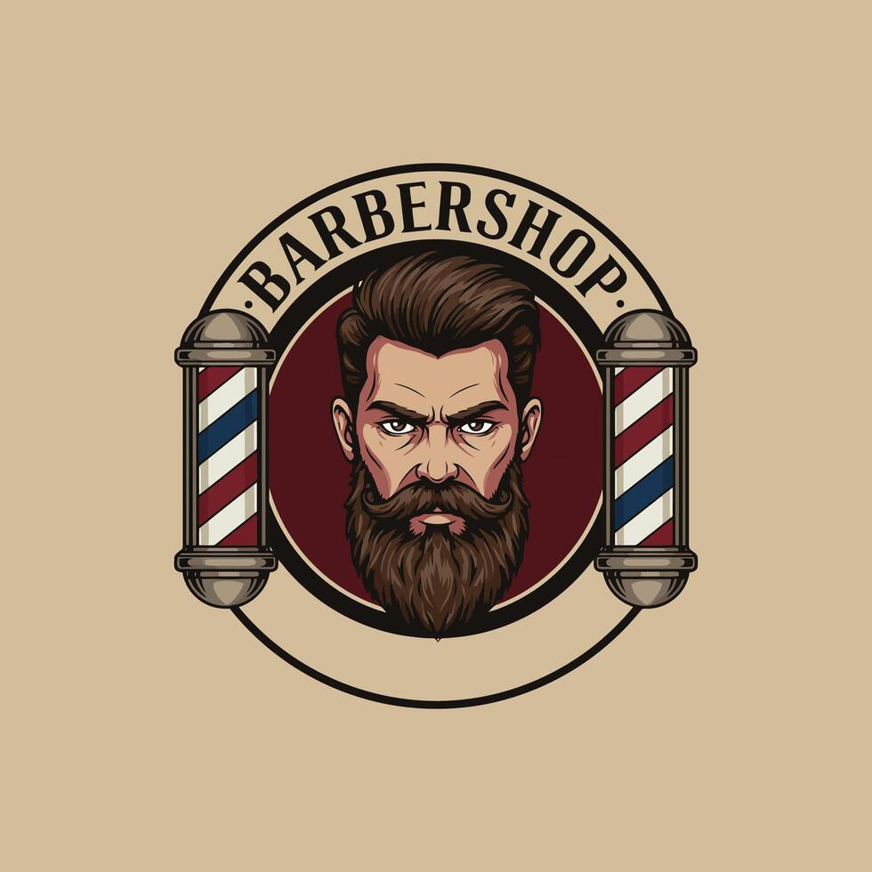 A vintage-style barbershop logo showcasing a mans face with a beard and ... A vintage-style barbershop logo showcasing a mans face with a beard and ...