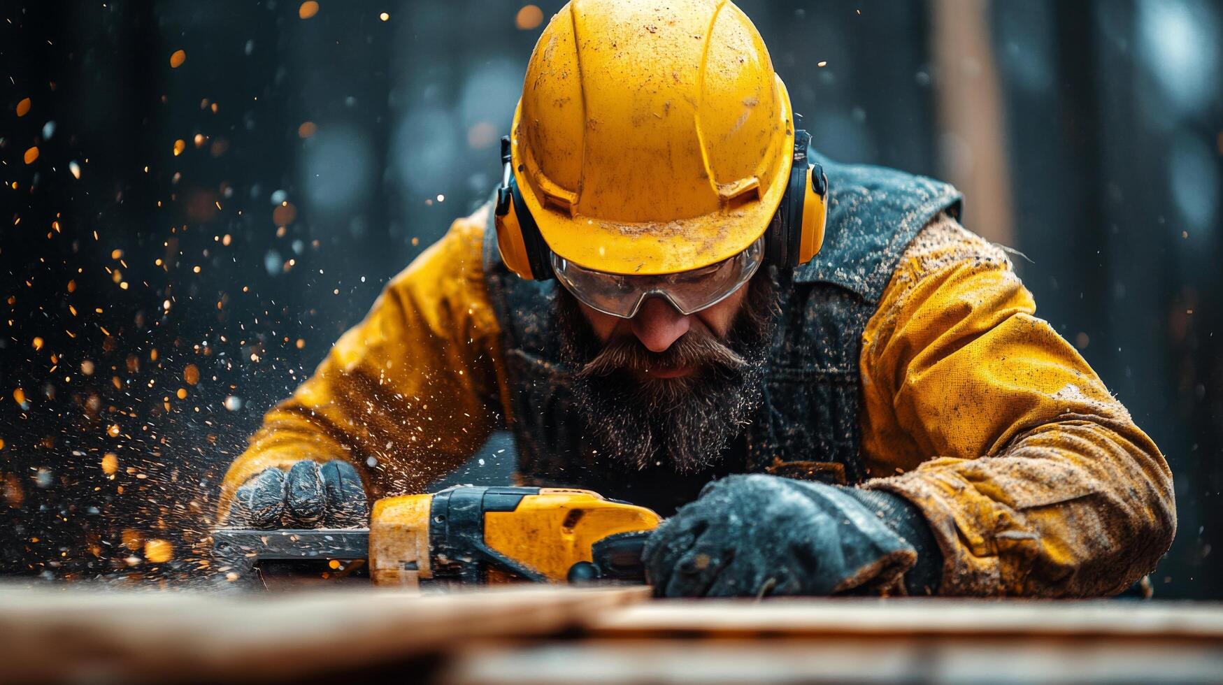 Skilled worker using power tool to refine wooden floorboards at ...