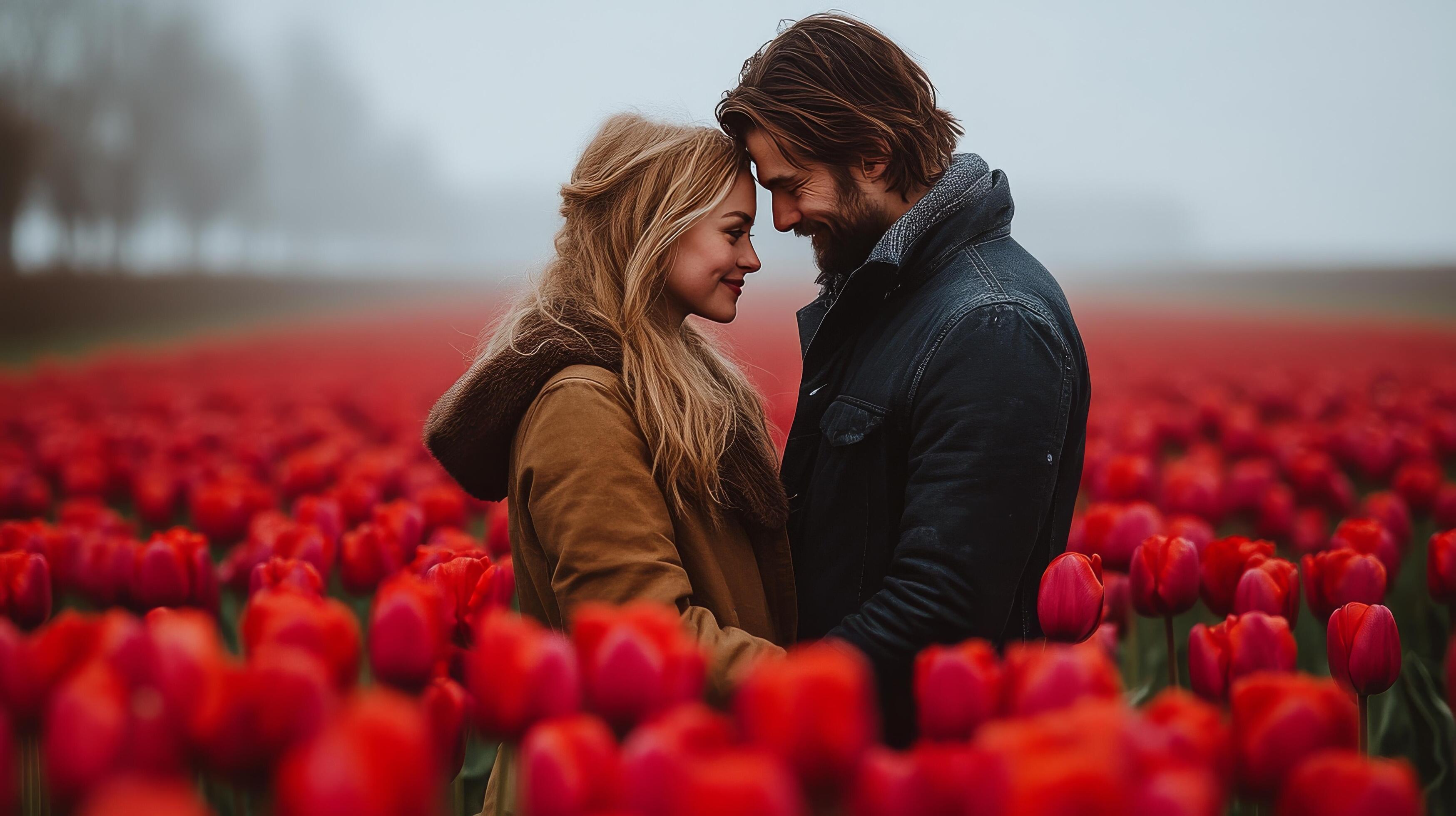 Couples enjoy a romantic stroll through vibrant tulip fields during sunset in early spring ...