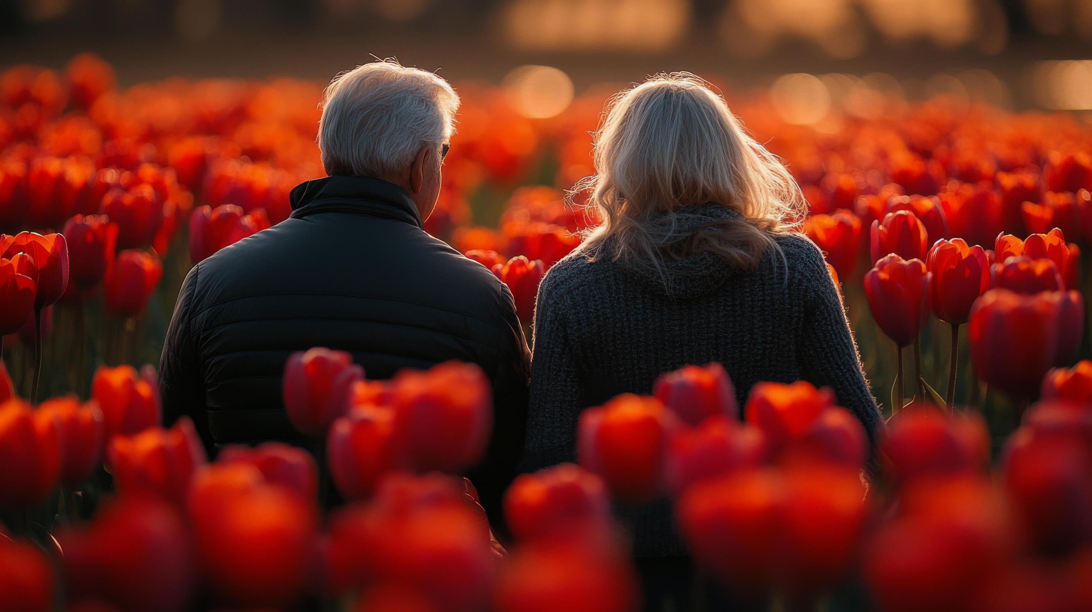 Couples enjoy a romantic stroll through vibrant tulip fields during sunset in early spring ...