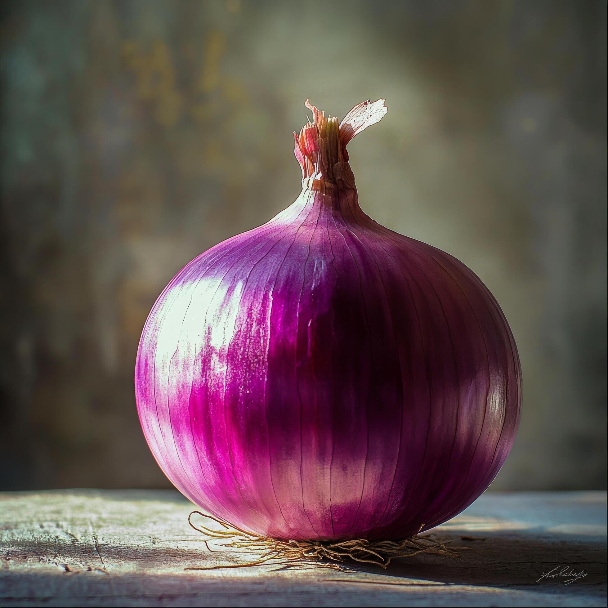 Purple onion resting on a surface with soft natural light highlighting its texture and color ...