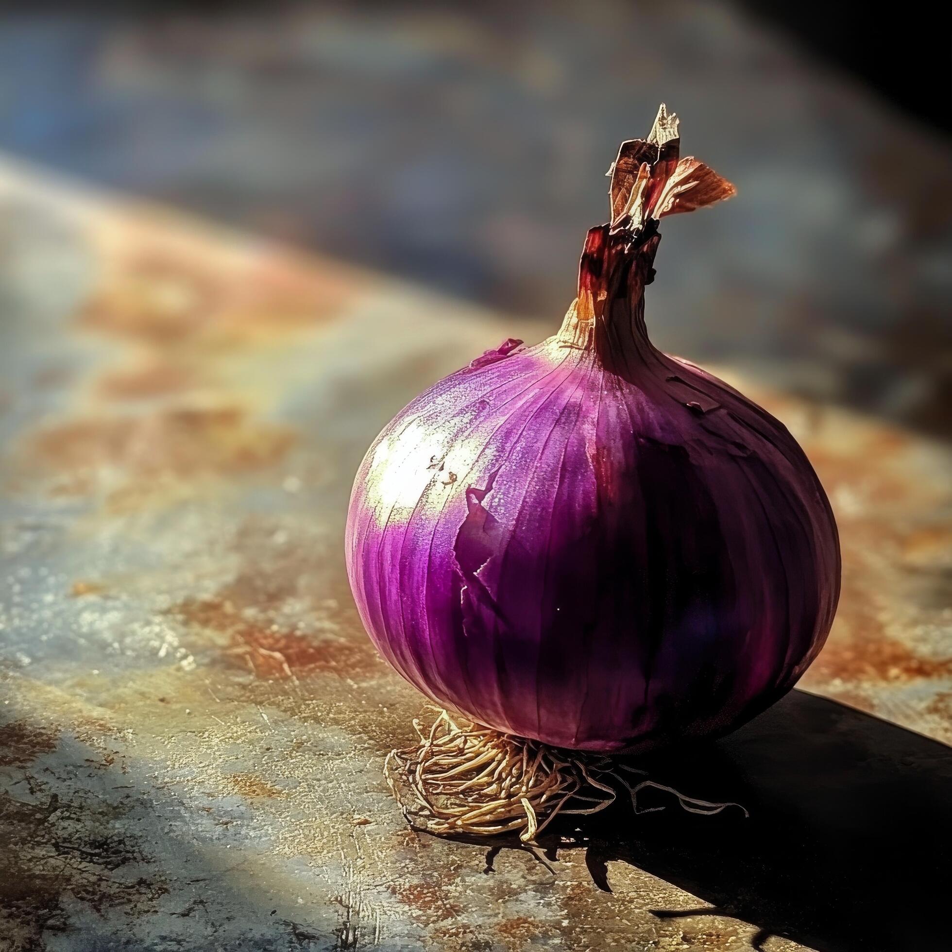 Purple onion resting on a surface with soft natural light highlighting its texture and color ...