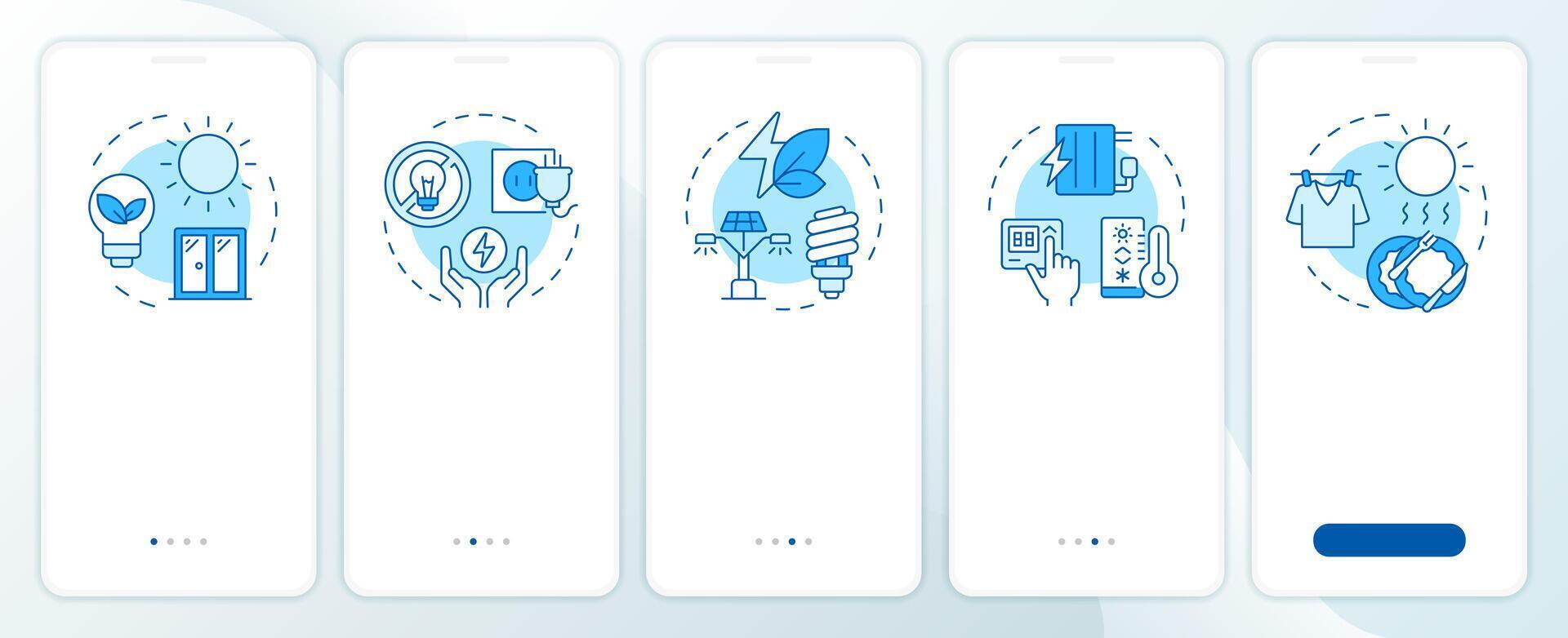 Energy Saving Tips Blue Onboarding Mobile App Screen Power Using Walkthrough 4 Steps Editable