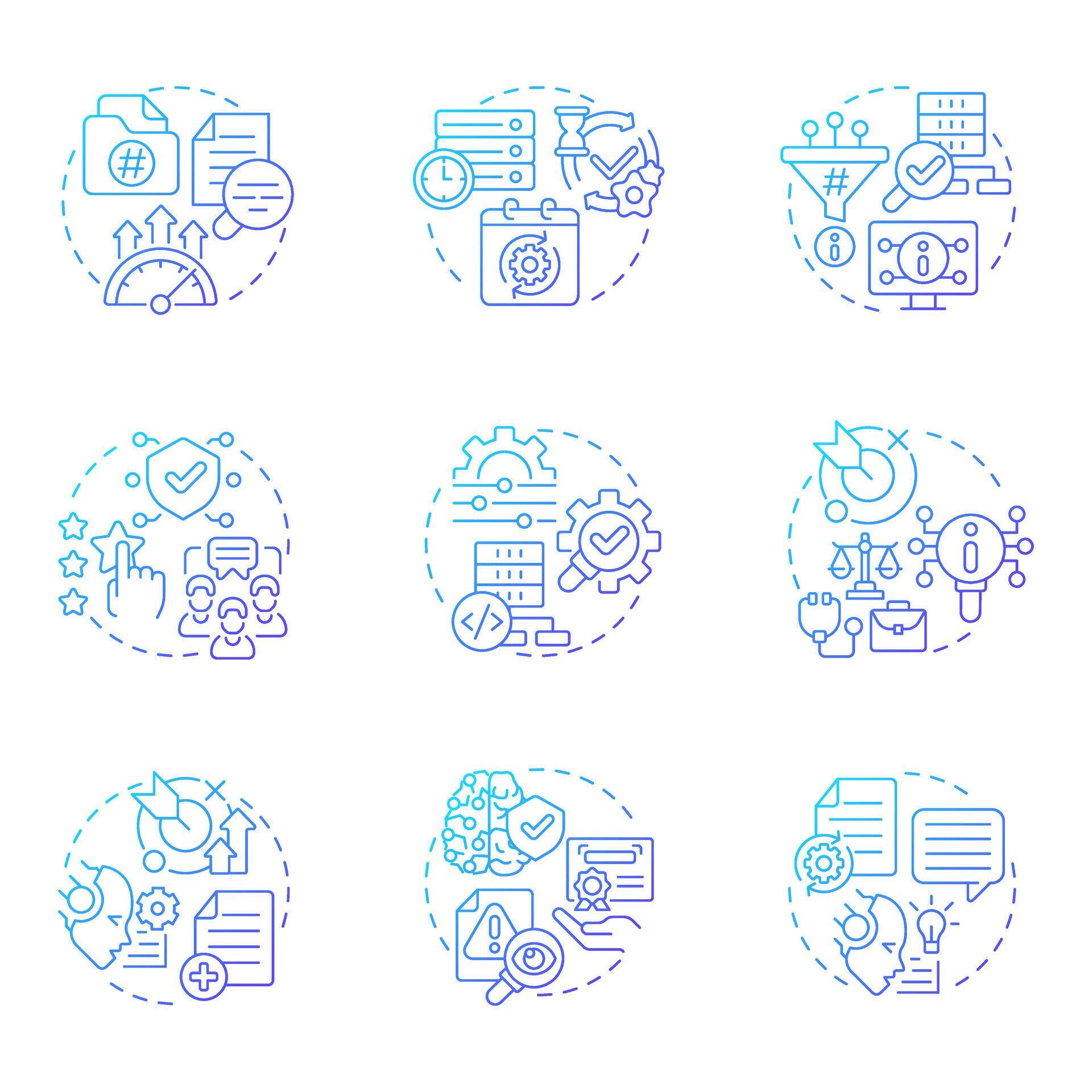 Retrieval augmented generation blue gradient concept icons. and machine learning. Data process ...