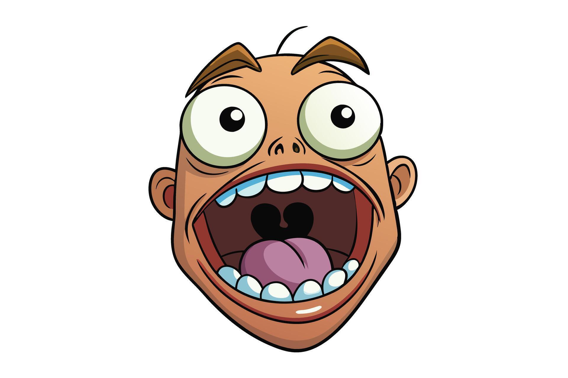 Hilarious cartoon face screaming in fear with a comical design, wide eyed expression, and open ...