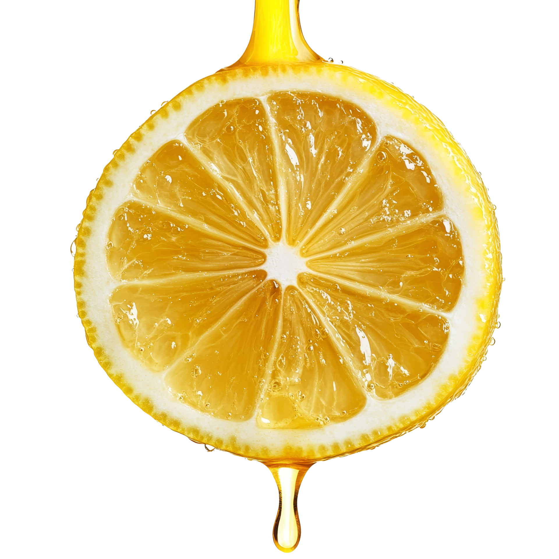 Juicy lemon slice with droplets dripping on a clean transparent background in natural light ...