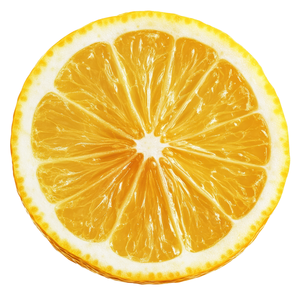 Fresh lemon slice isolated on transparent background showcasing juicy texture and vibrant color ...