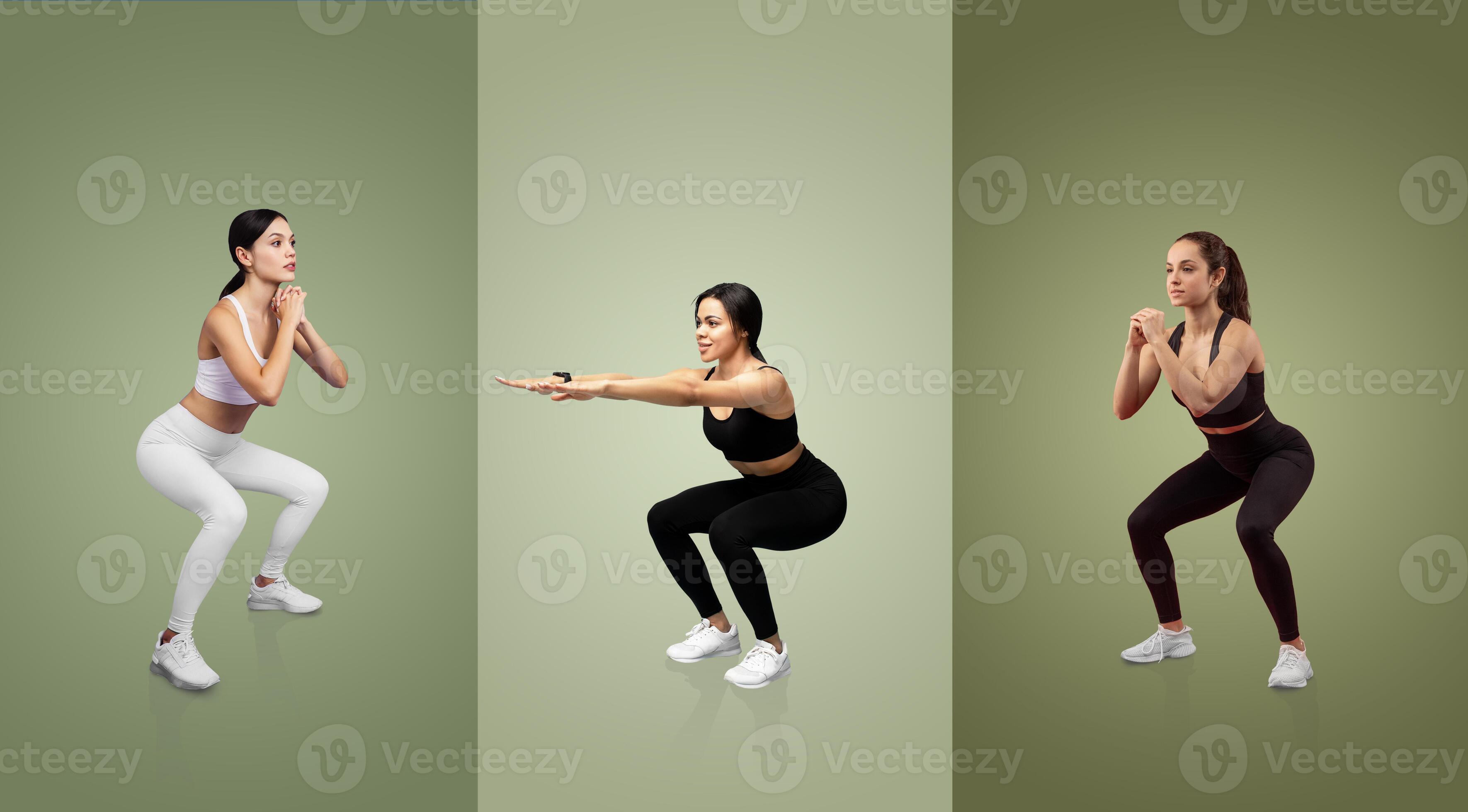 A fitness enthusiast showcases three types of squats in different athletic outfits. This ...