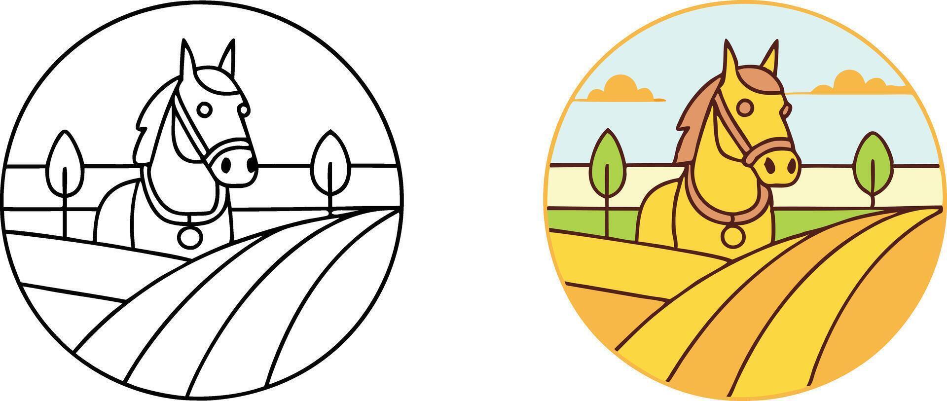 Horse in Rolling Fields Farm Animal, Rural Landscape, Outline, Color ...