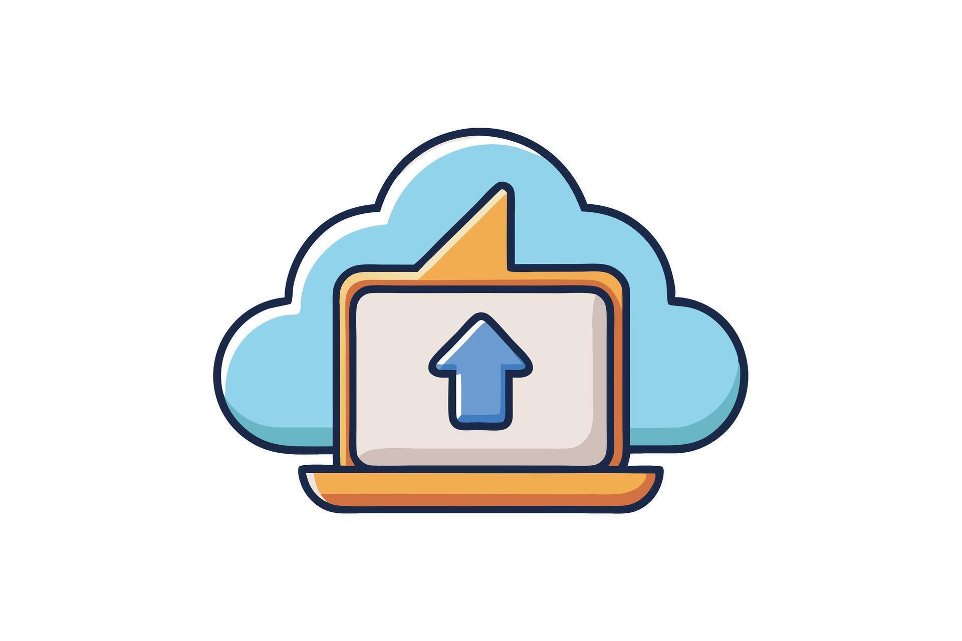 cartoon upload symbol with a laptop, upward arrow, and cloud design, representing cloud ...