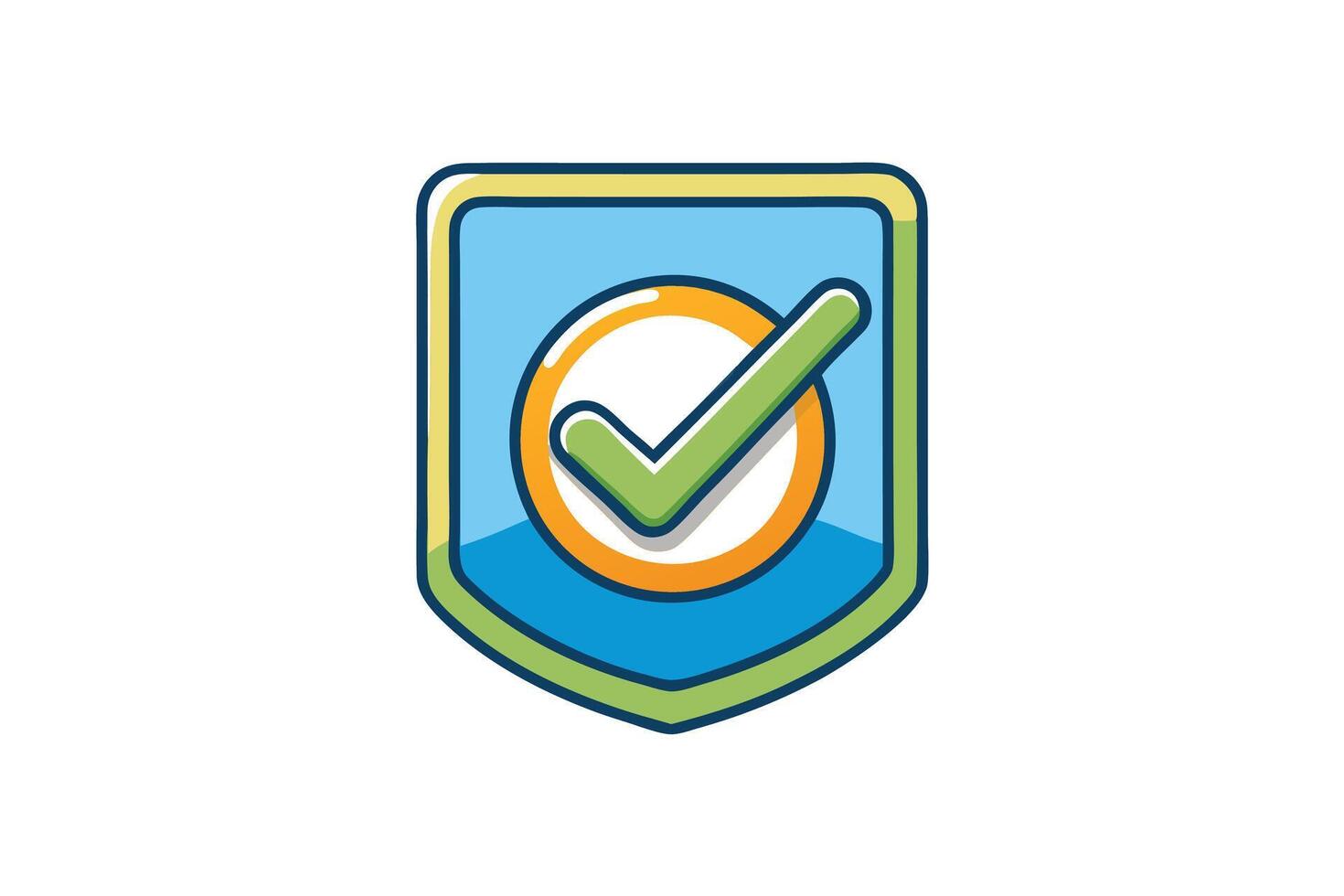 Cartoon illustration of a verification check mark badge icon in blue and green color scheme for ...