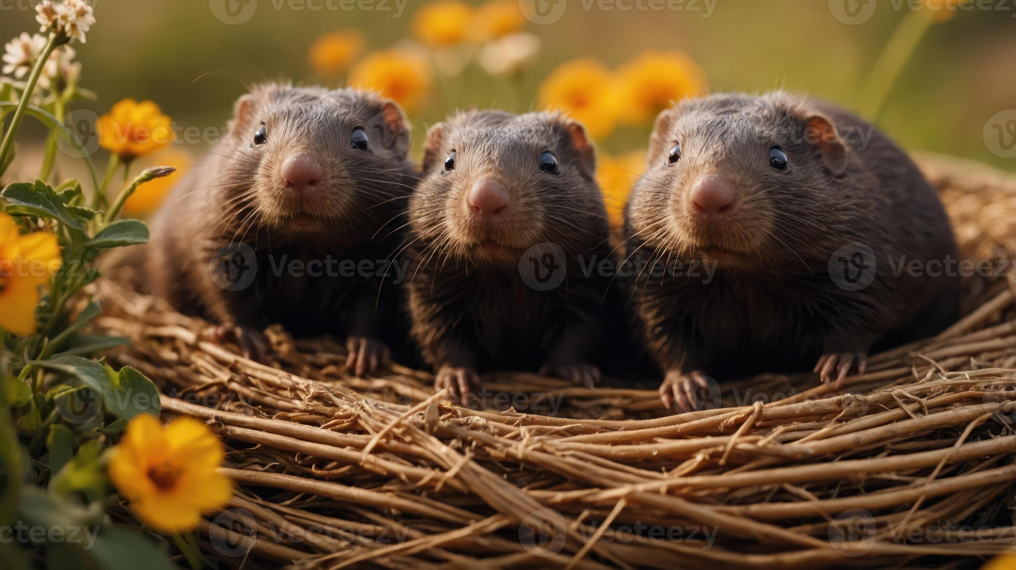 Three cute rodents sitting together in a nest surrounded by flowers. 54775399 Stock Photo at ...