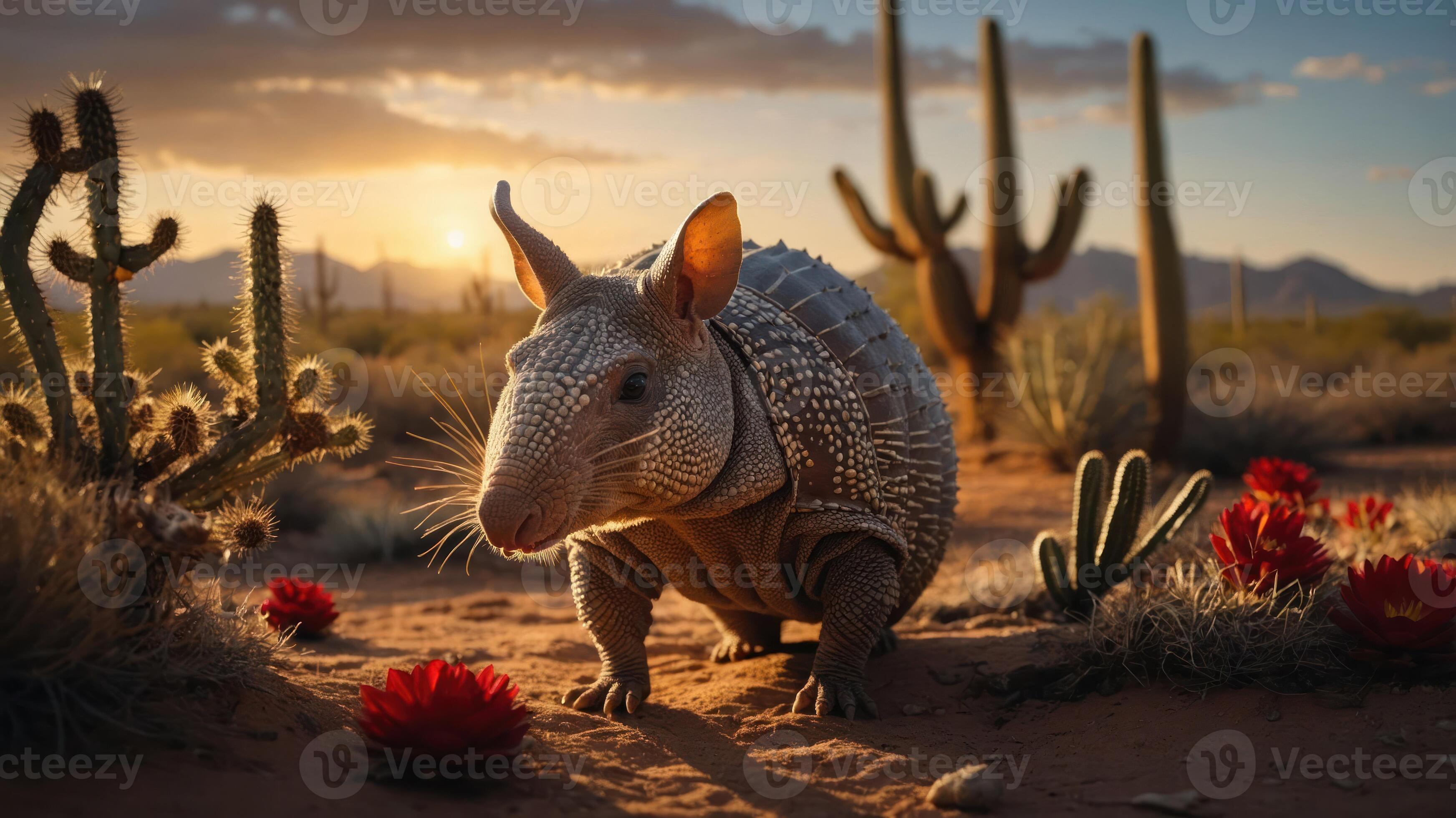 An armadillo stands in a desert landscape adorned with cacti and vibrant flowers at sunset ...
