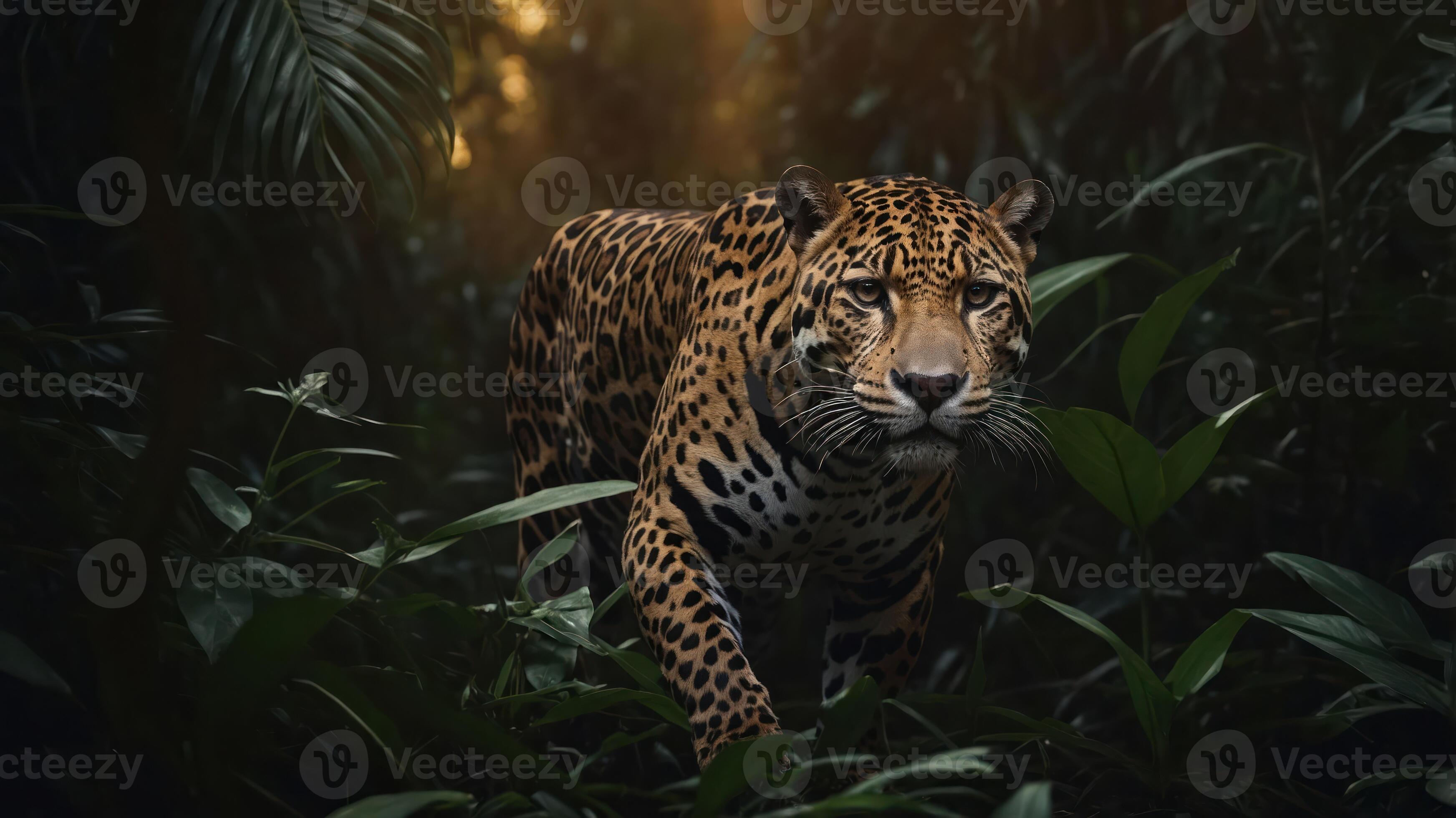 A jaguar prowls through a dense jungle, showcasing its striking coat and focused demeanor ...