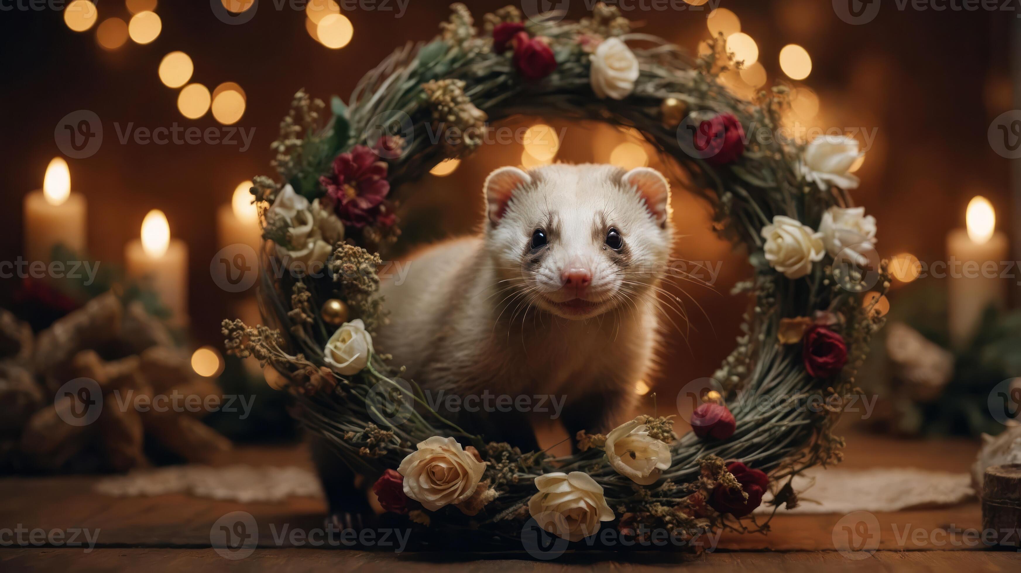 A ferret poses charmingly in a floral wreath with soft lighting and candles in the background ...