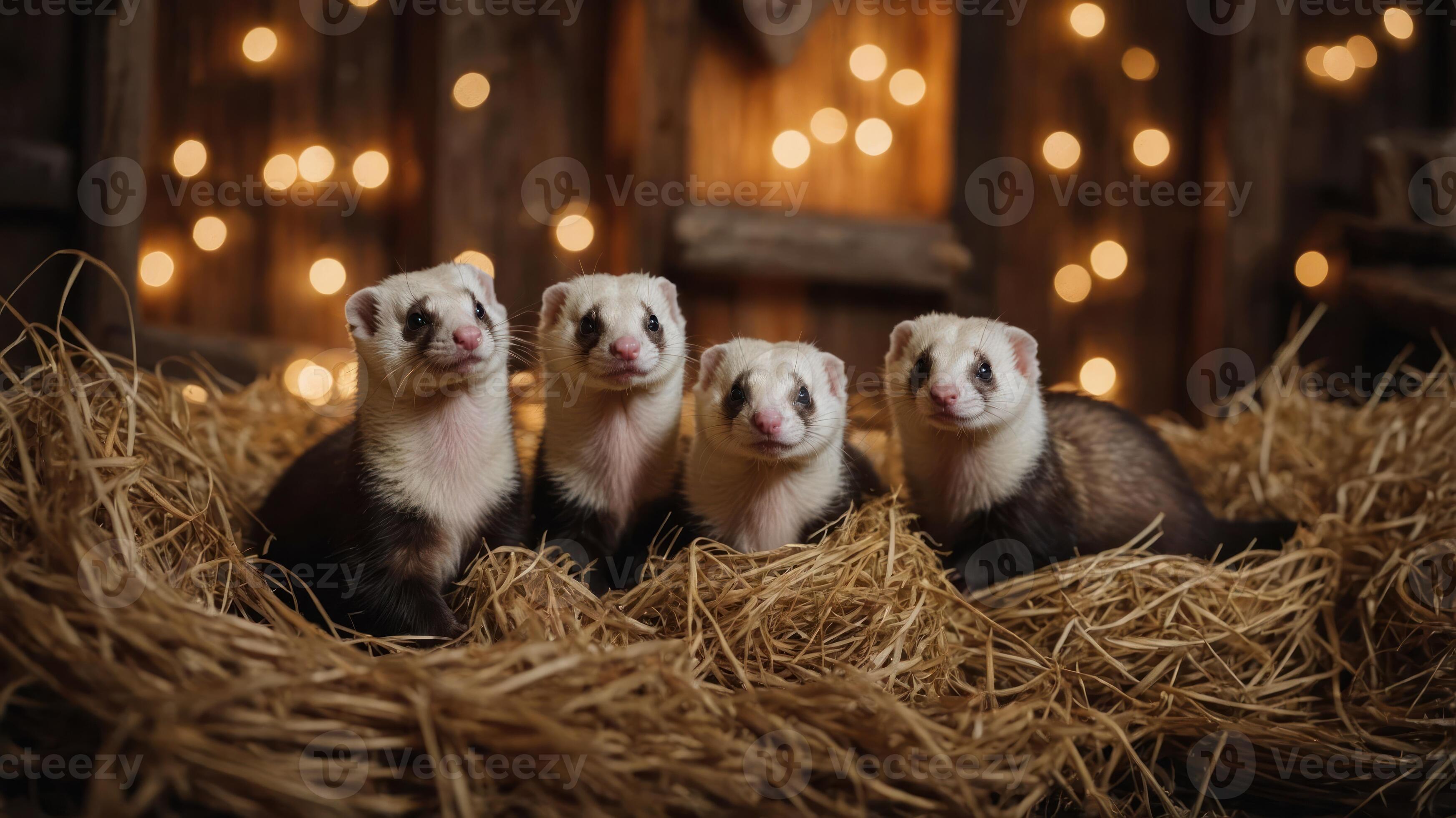 Four ferrets posing together in a cozy nest of straw with soft lighting in the background ...