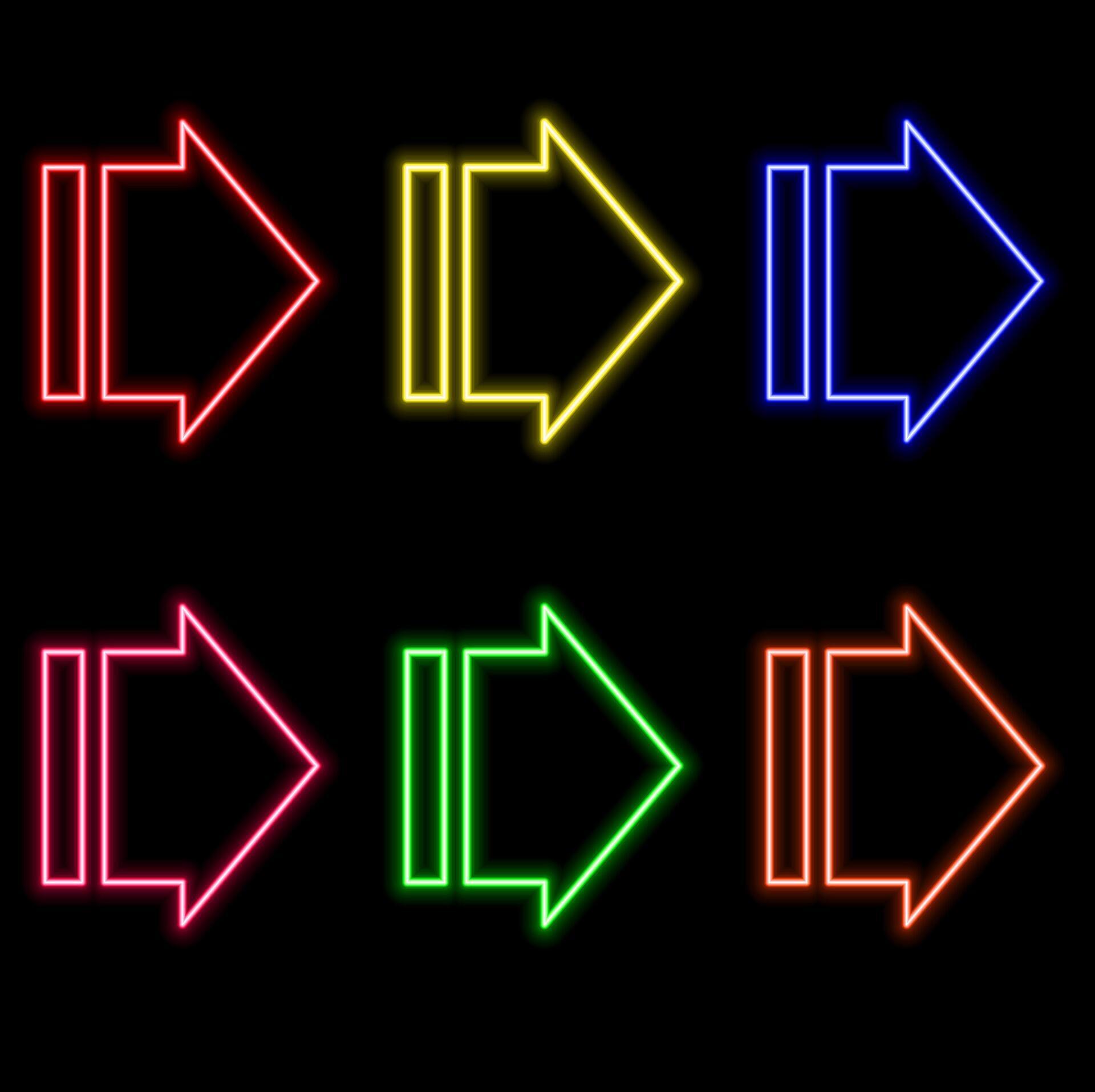 Outline bended neon arrow icon set. Glowing neon curved arrow pointer, bent arrowhead sign ...