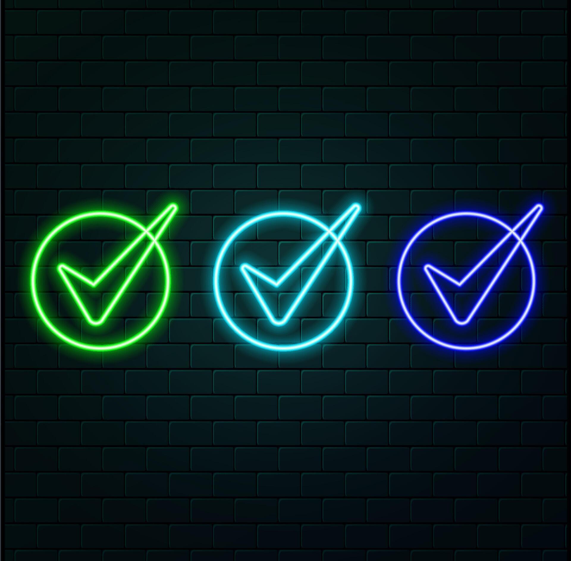 Outline neon check tick icon. Glowing neon checkmark sign, tick approve pictogram. Correct and ...