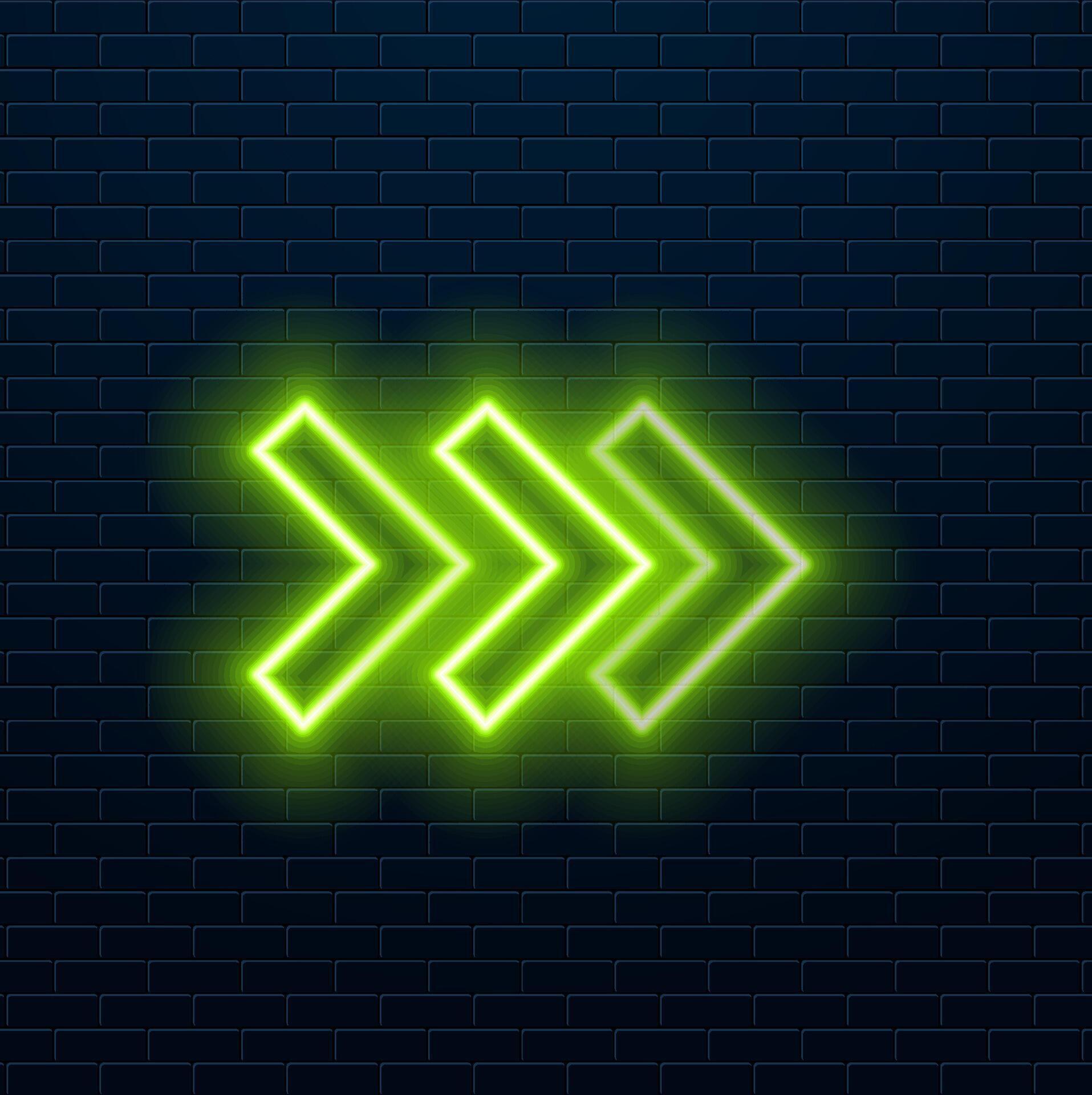 Neon arrow icon. Glowing neon motion sign, outline arrow pointer silhouette in vivid colors ...