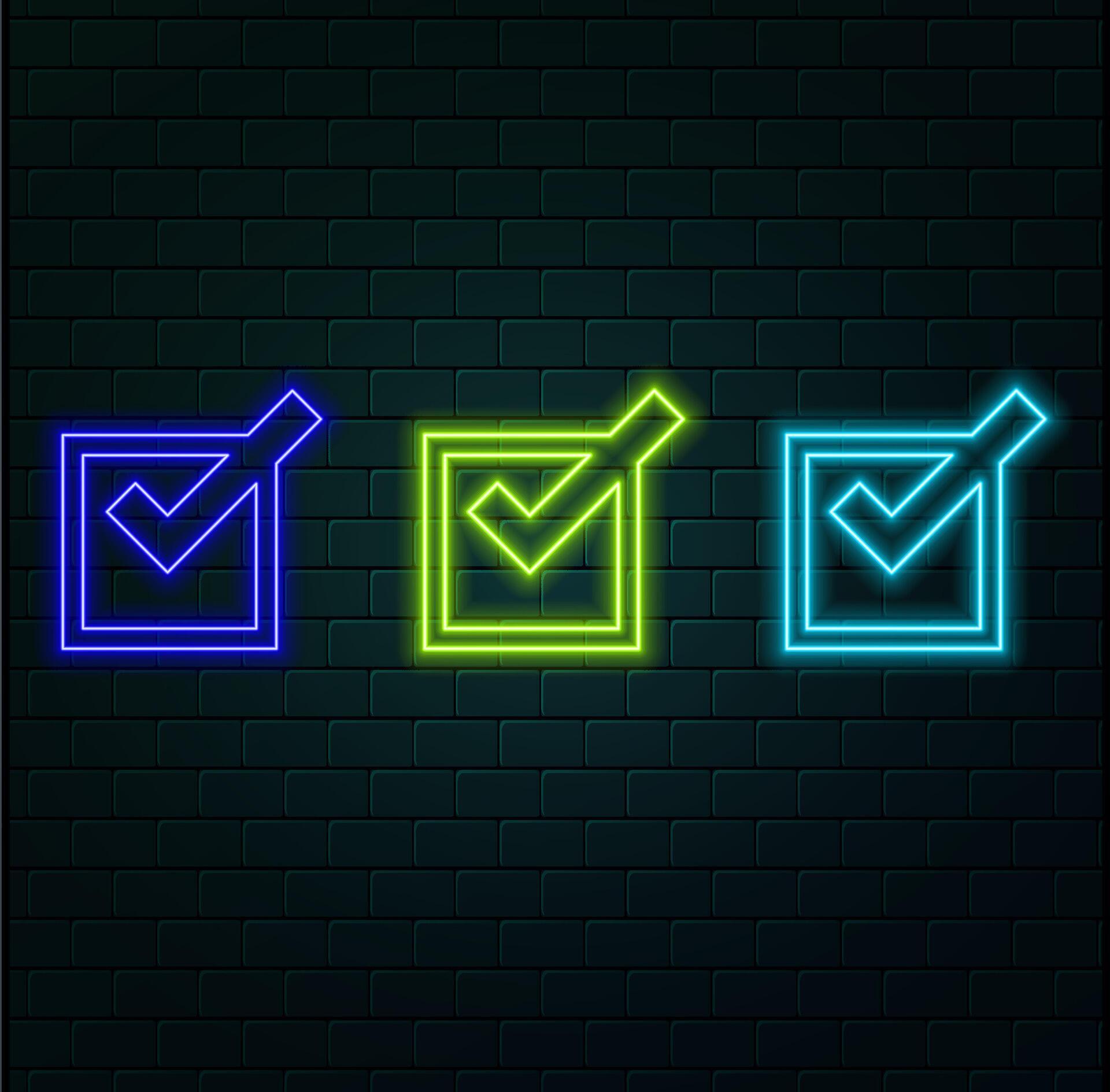 Outline neon check tick icon. Glowing neon checkmark sign, tick approve pictogram. Correct and ...