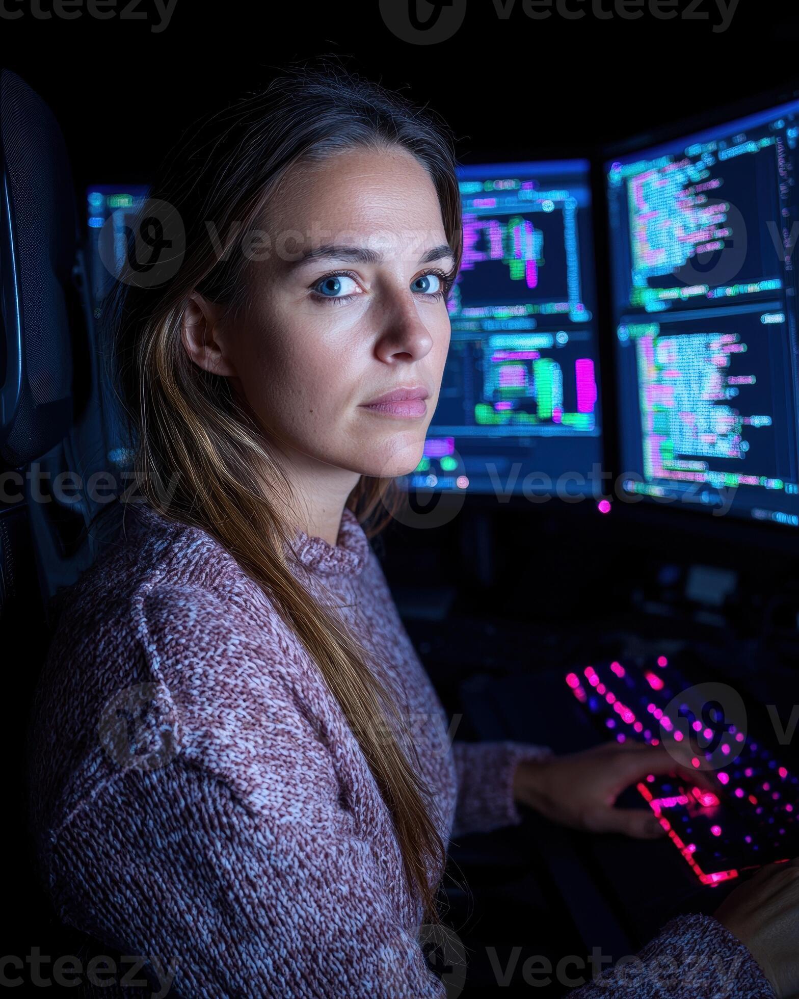 Focused female programmer working late at night on multiple computer ... Focused female programmer working late at night on multiple computer ...