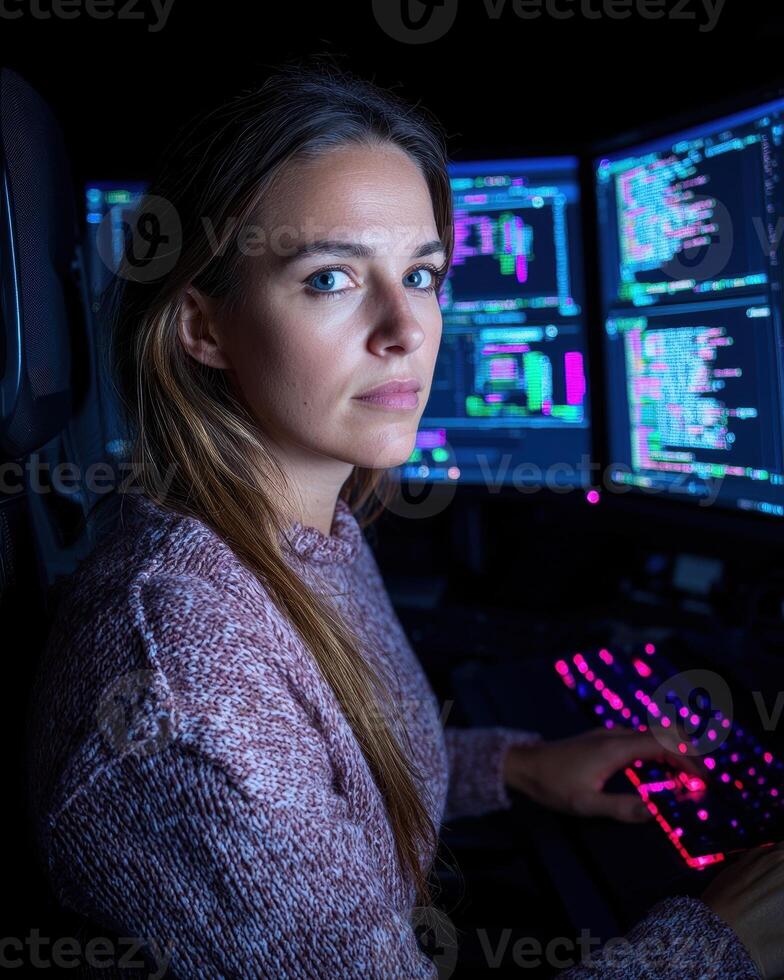 Focused female programmer working late at night on multiple computer ... Focused female programmer working late at night on multiple computer ...