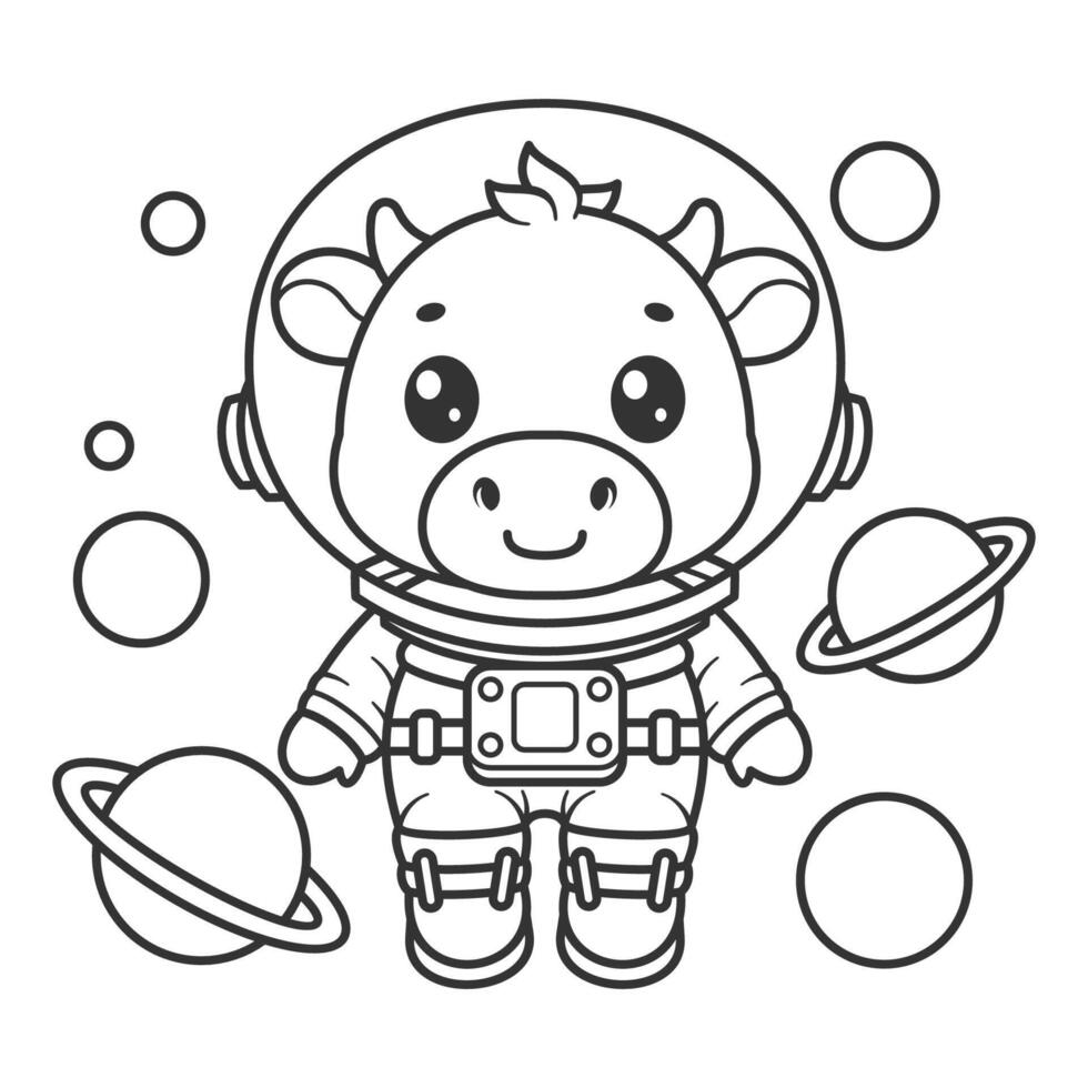 Cow wearing an astronaut suit floating in outer space for coloring ...