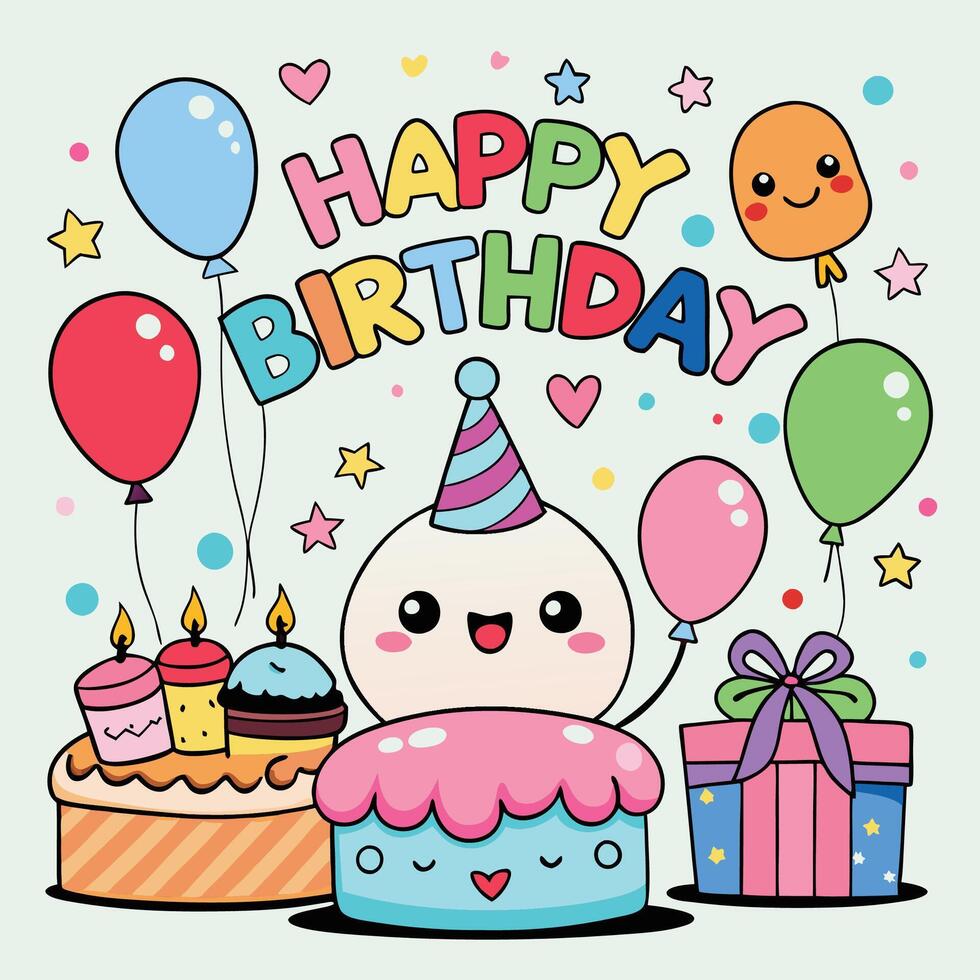 happy birthday card with cute on a white background 54872075 Vector Art ...