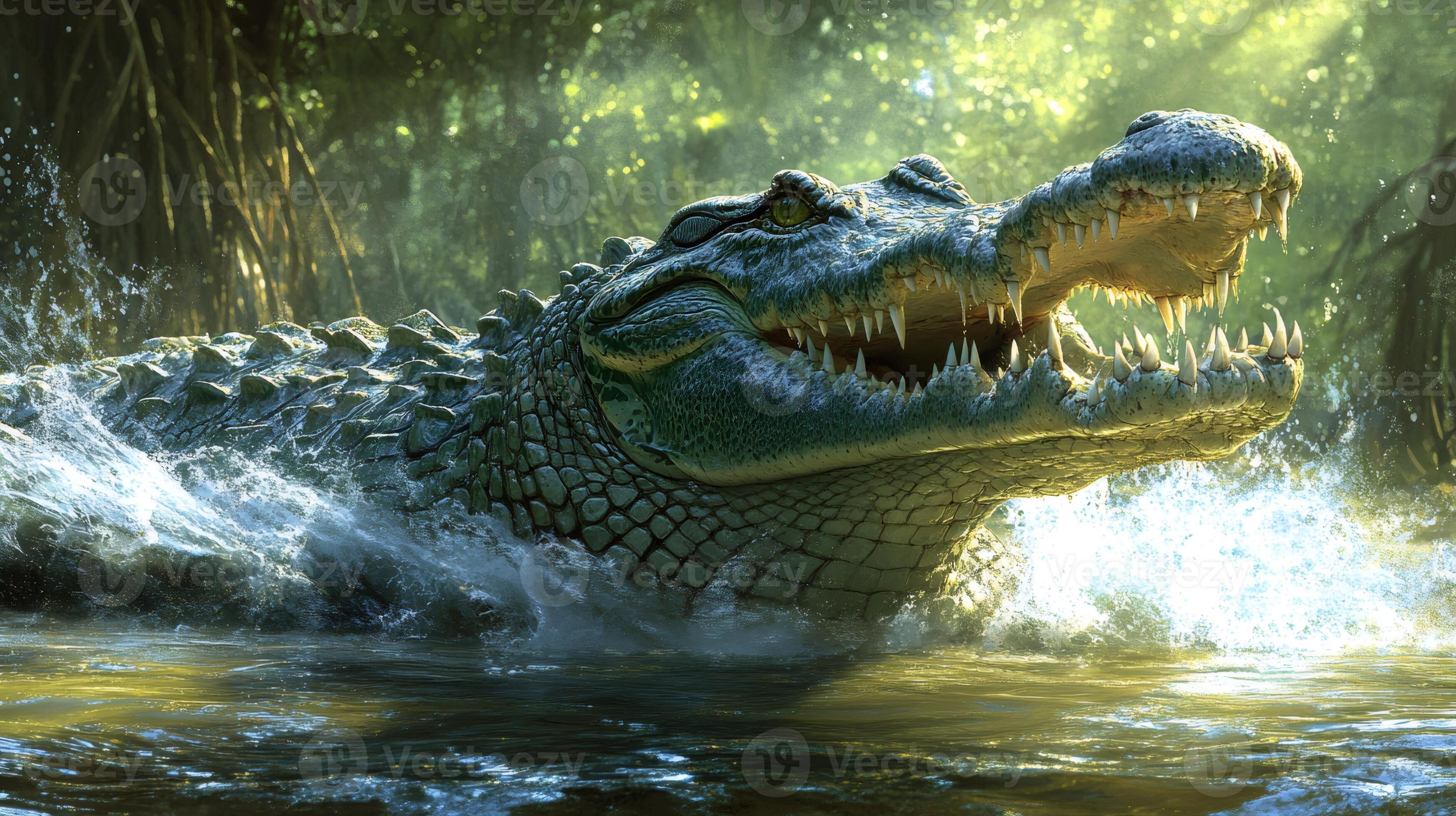Large crocodile emerging from water in lush tropical swamp 54877645 ...