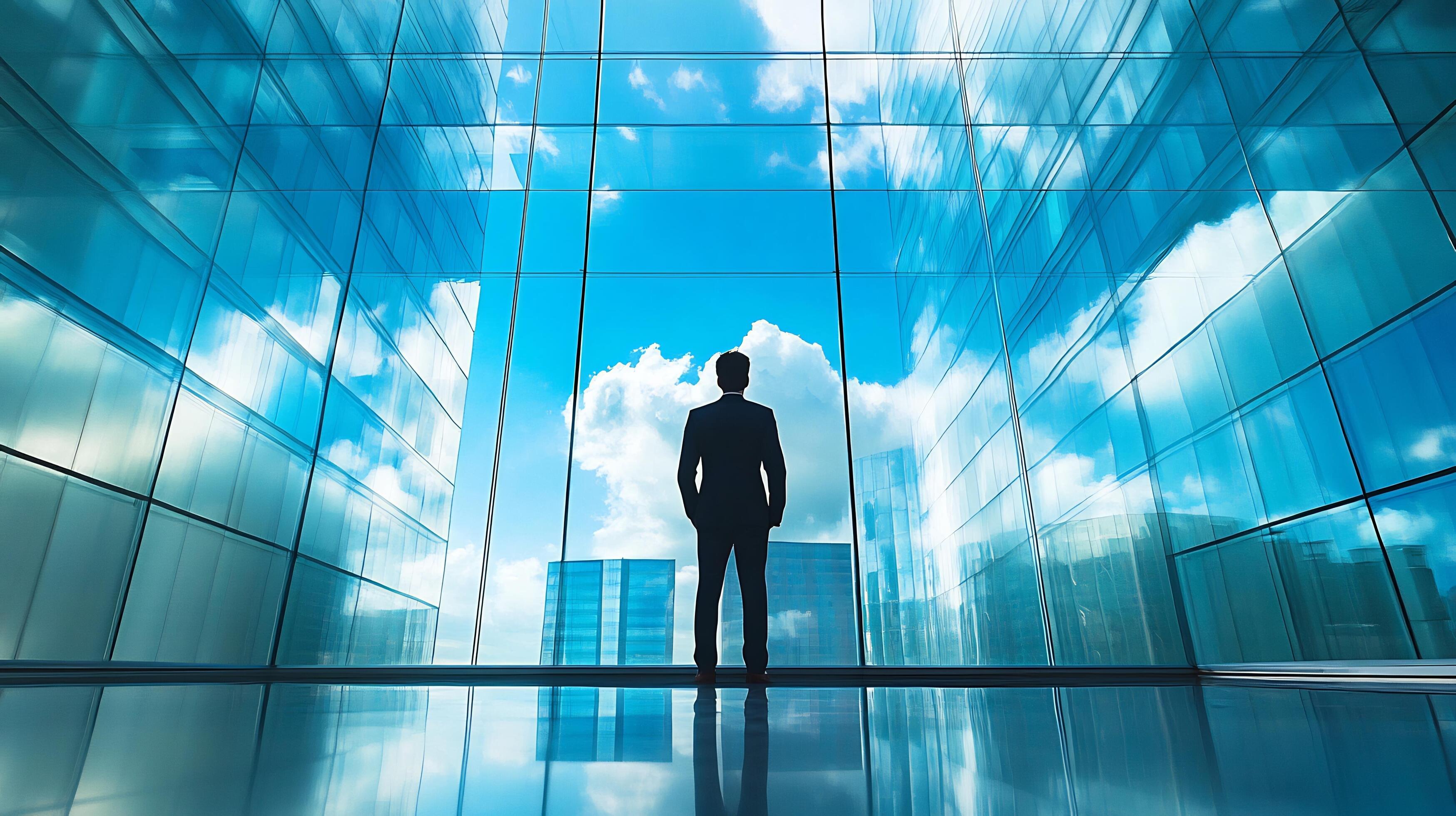Silhouetted Businessman Stands in Modern Glass Building Reflecting Sky ...