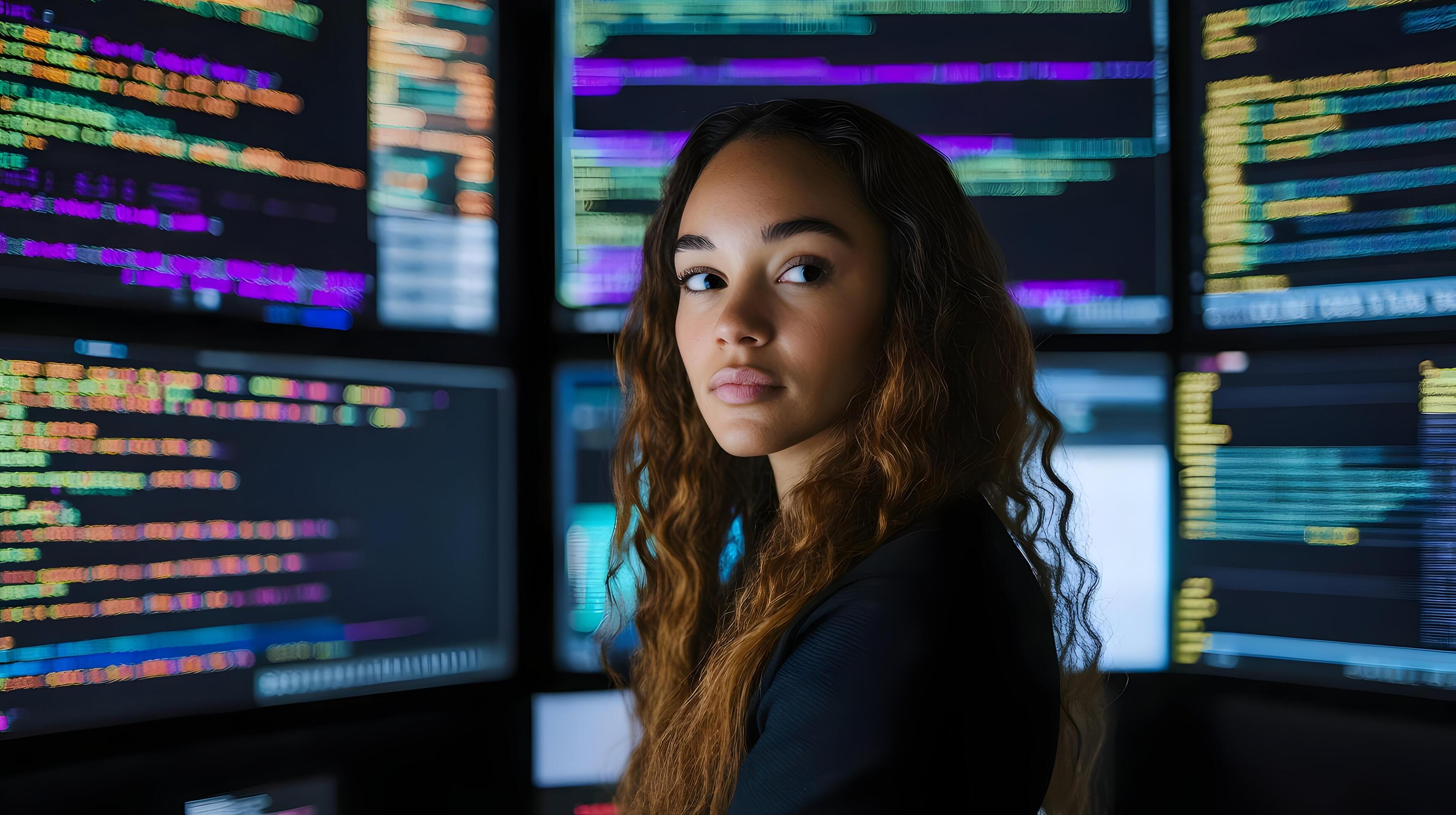 Portrait of a female programmer working in a monitoring room surrounded by multiple large ...