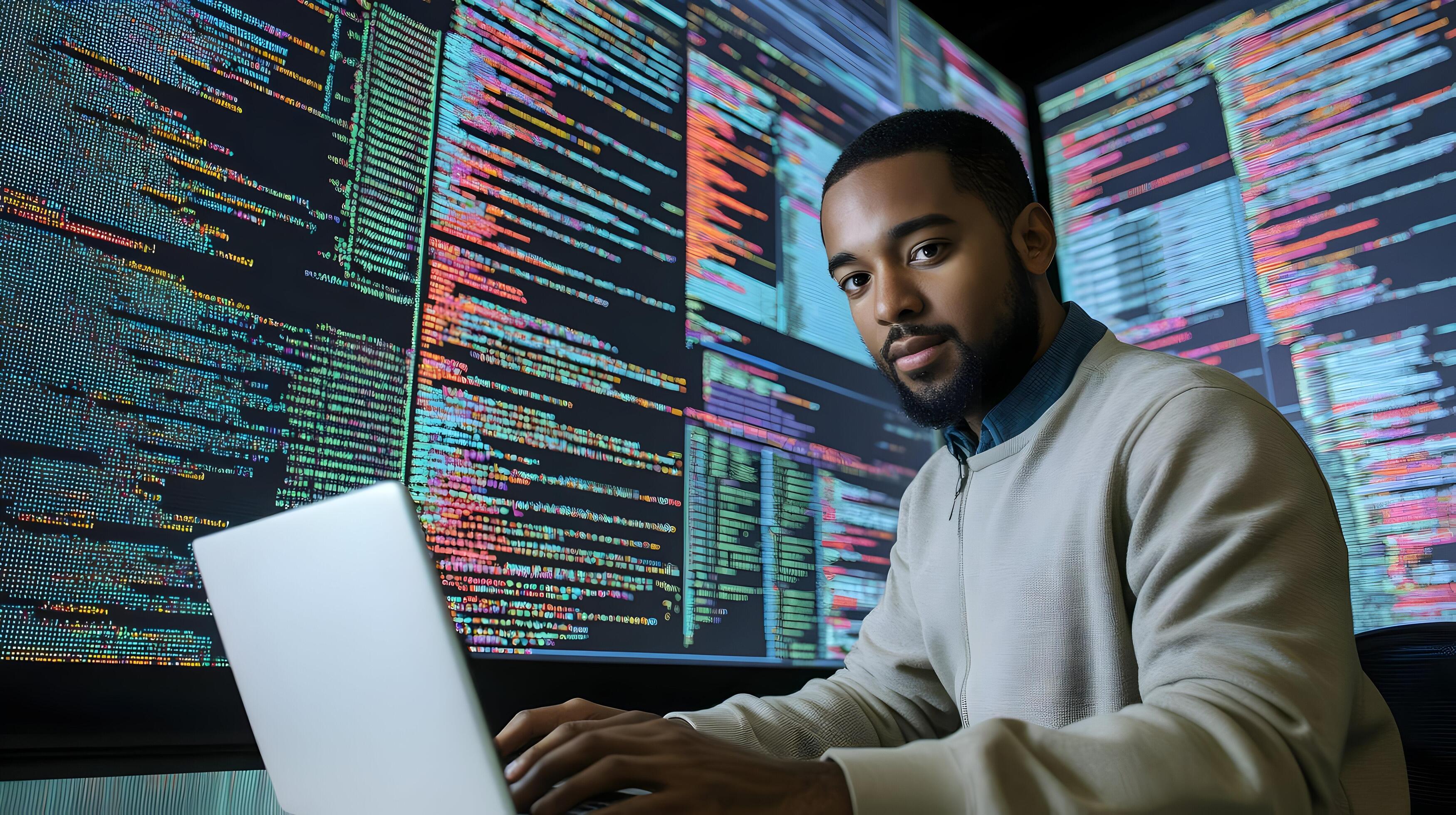 Portrait of a Focused Programmer Working Intently on a Laptop ...