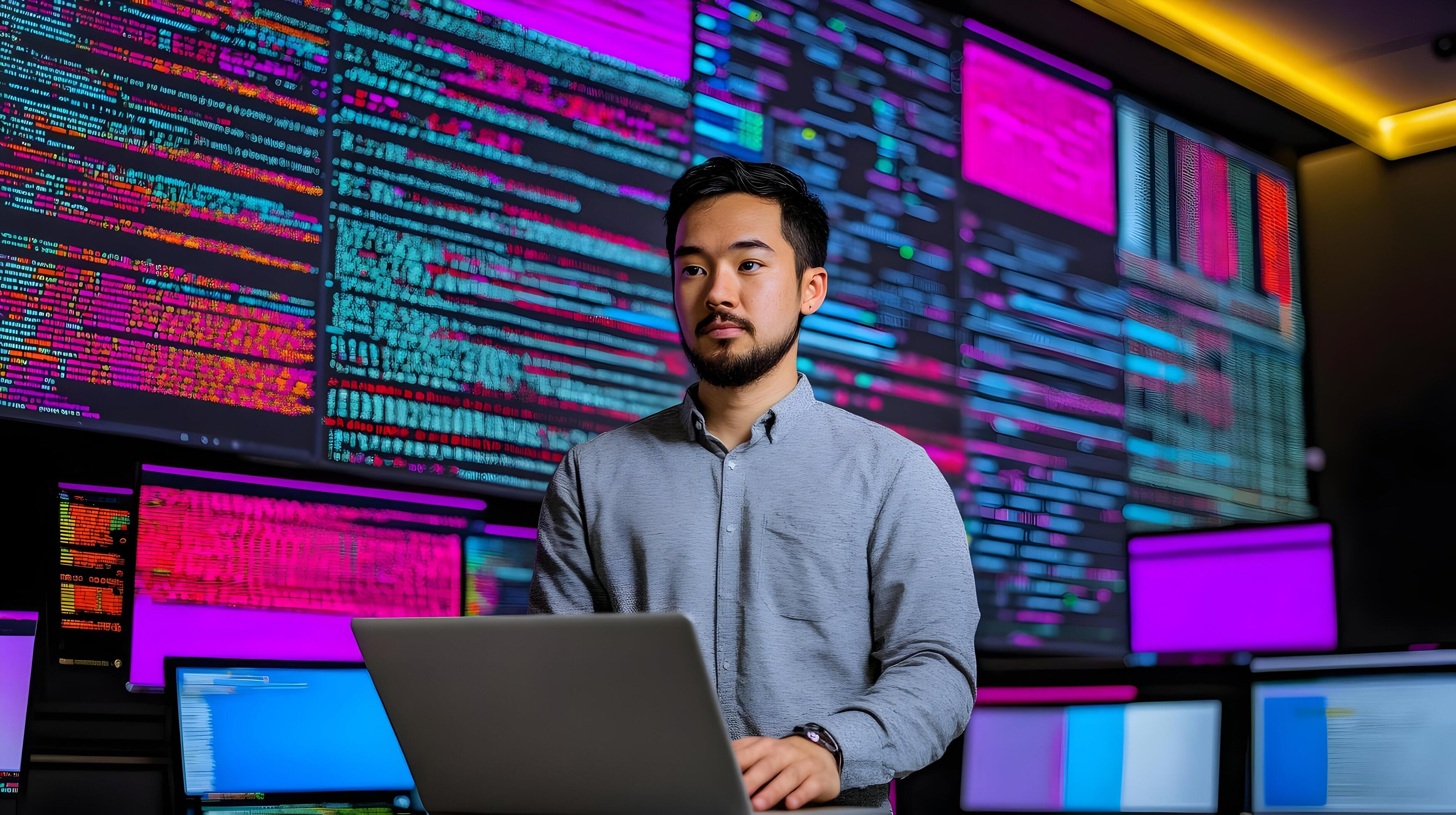 Portrait of a Male Programmer Working Diligently on a Laptop in a Monitoring Room,Surrounded by ...
