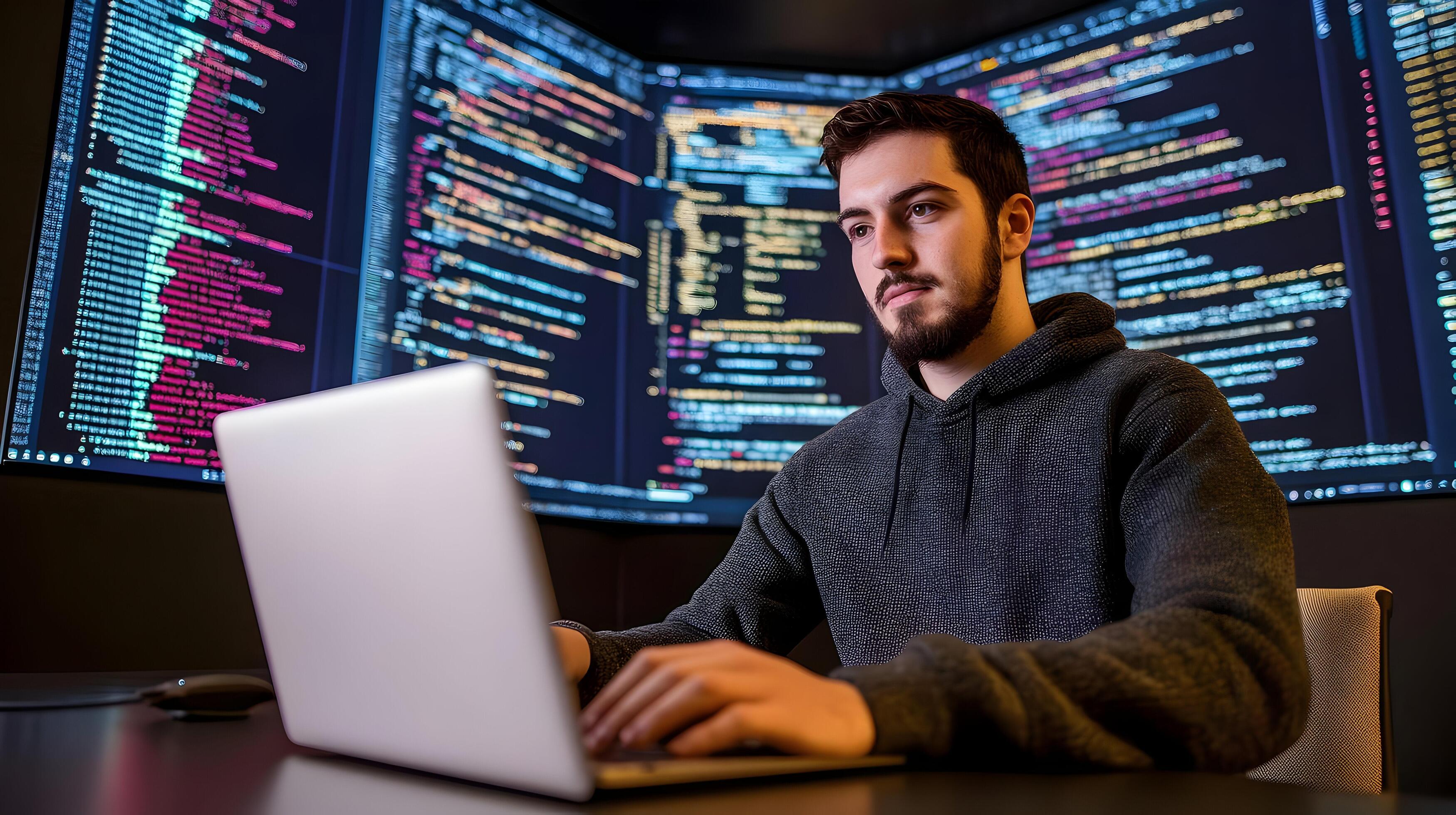 Portrait of a focused male programmer working intently on a laptop ...