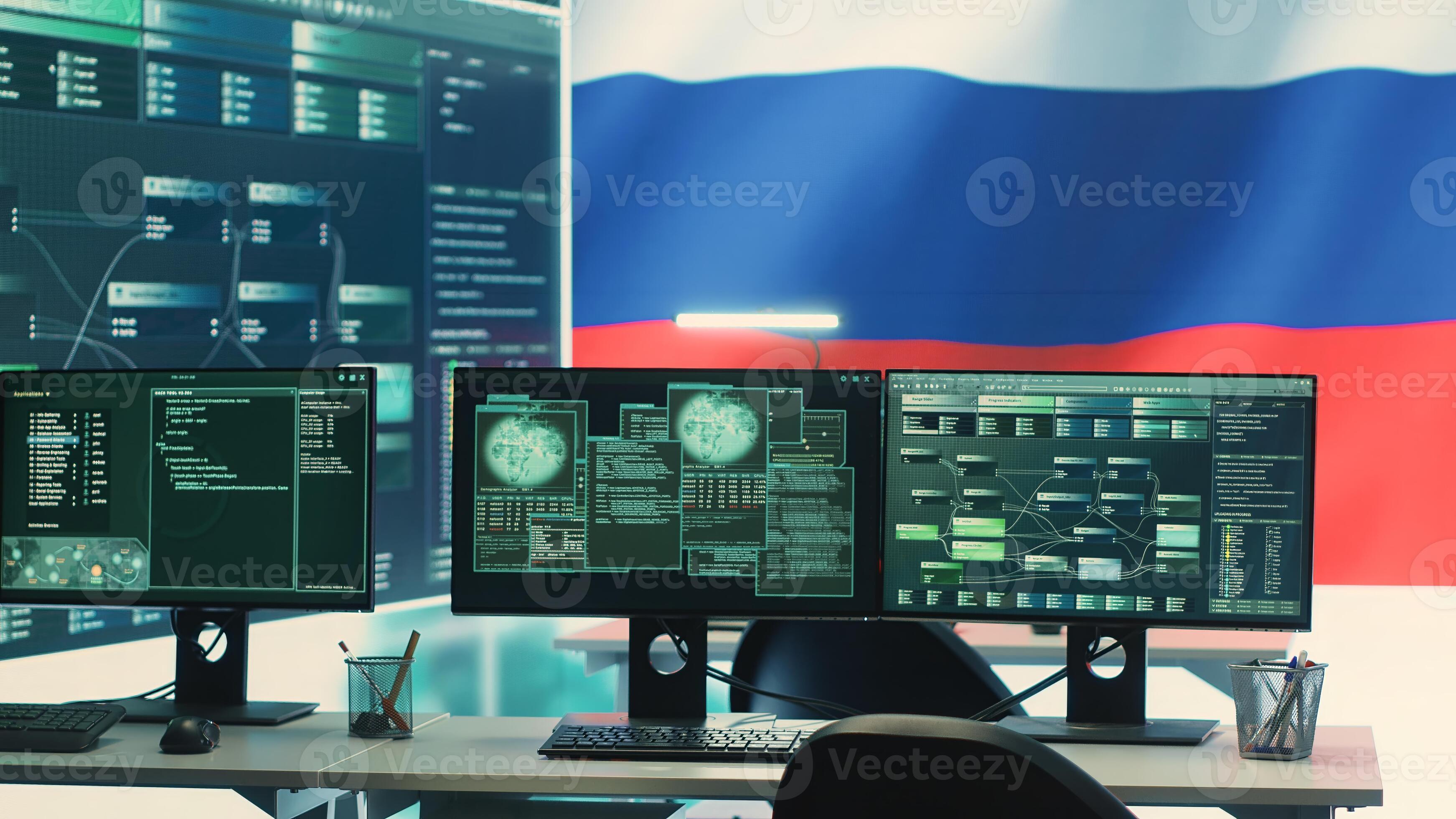 Governmental Cyber Operations Room With Russian Flag On Big Screen Focusing On Information War