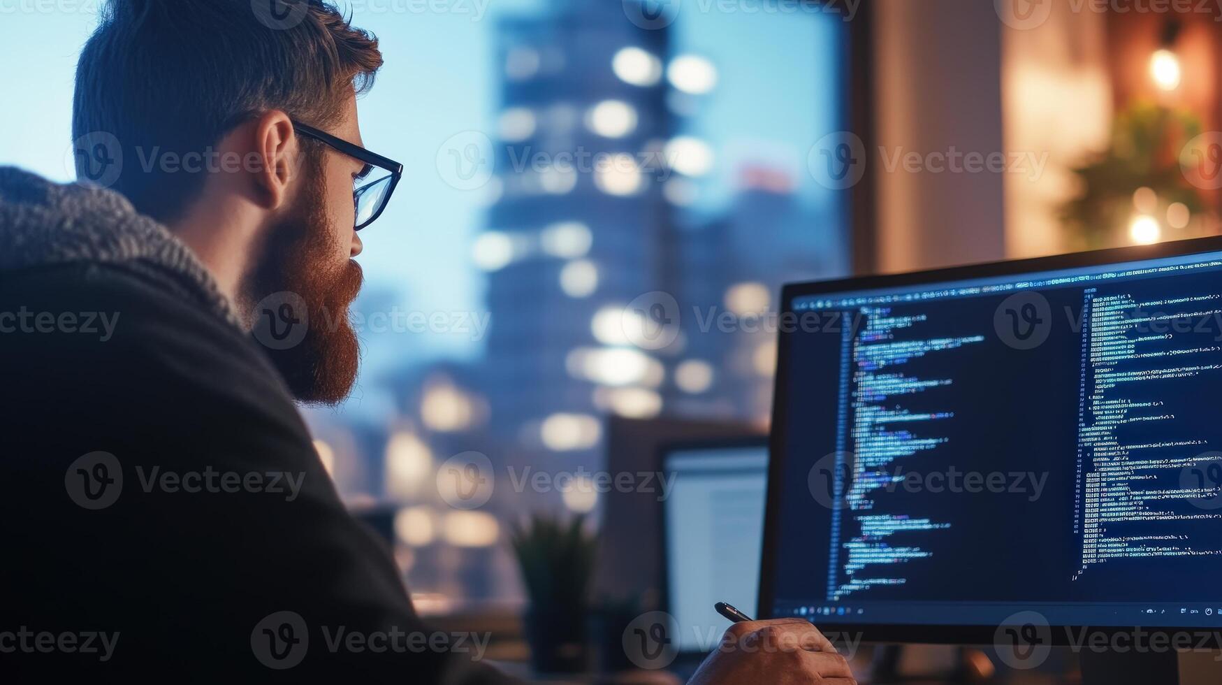 Young Programmer Working Late at Night on Computer Screen Code 54885301 Stock Photo at Vecteezy