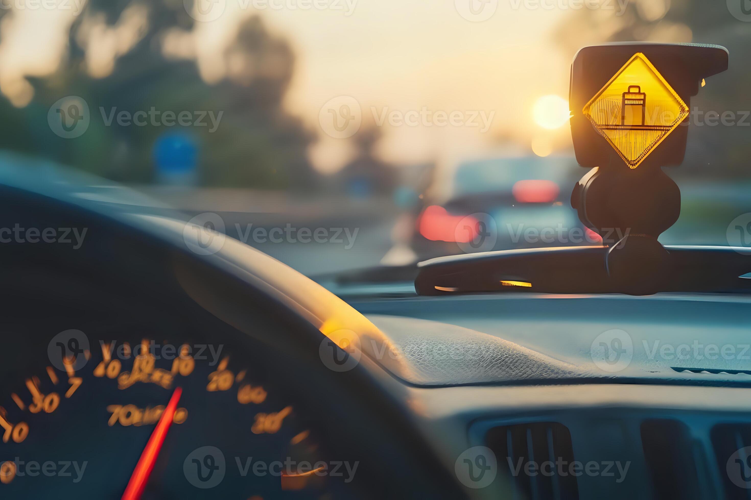 Driving Safely at Sunset. Vehicle Dashboard Indicators, Road Conditions ...