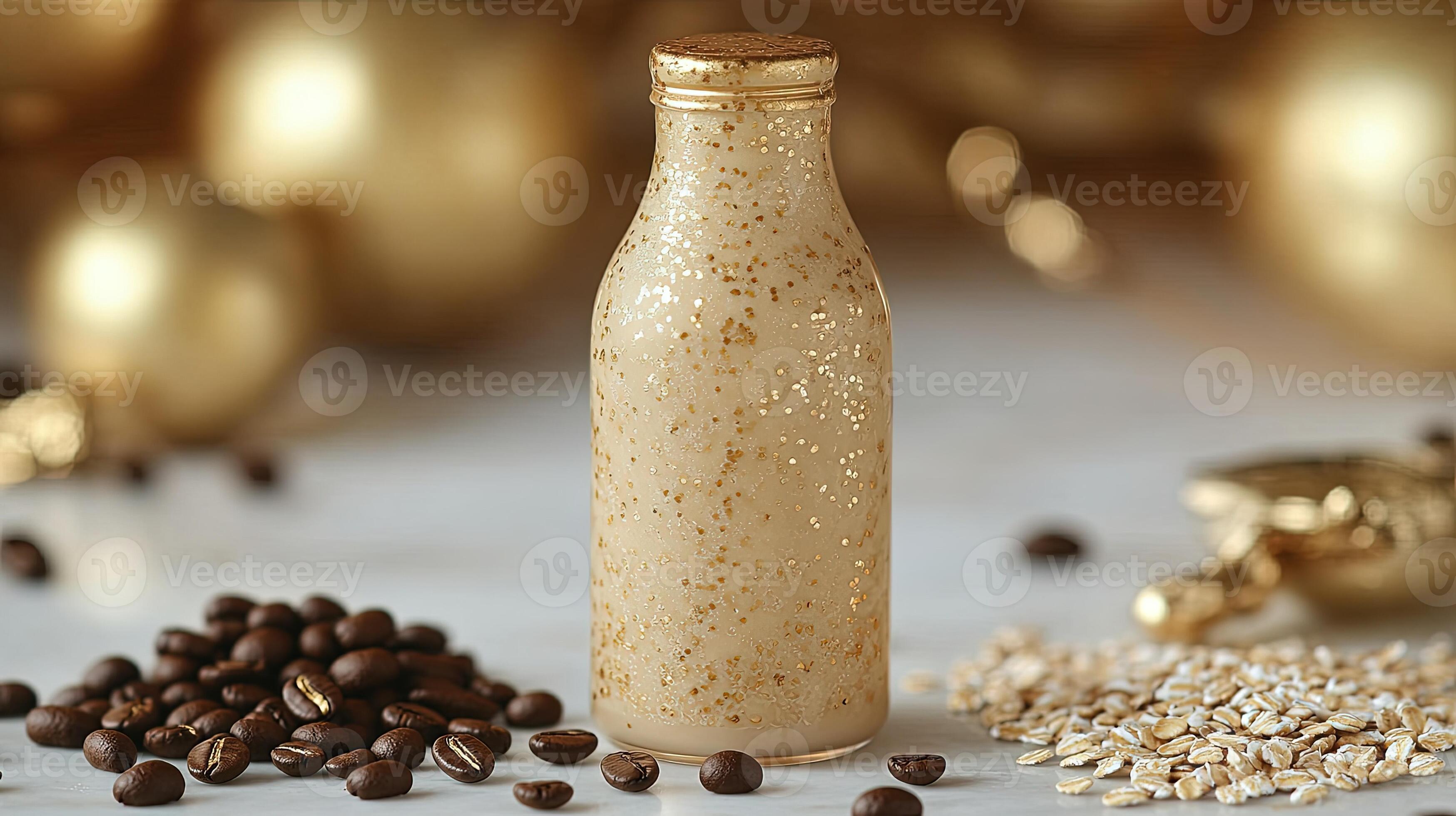A small bottle filled with a sparkling, creamy beverage is surrounded by coffee beans and oats ...