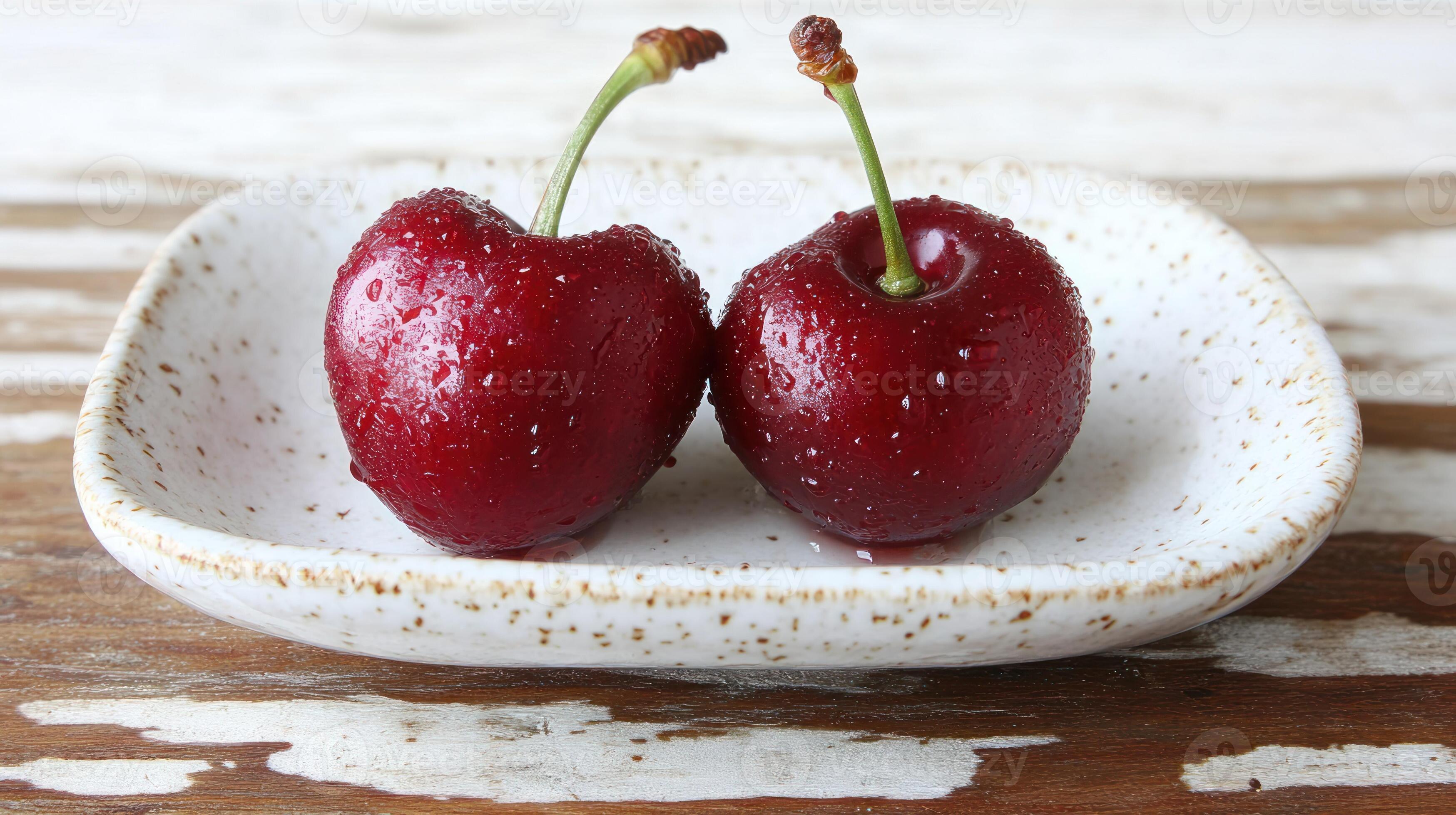 Juicy red cherries sit on a rustic plate, their surfaces sparkling with droplets of water ...