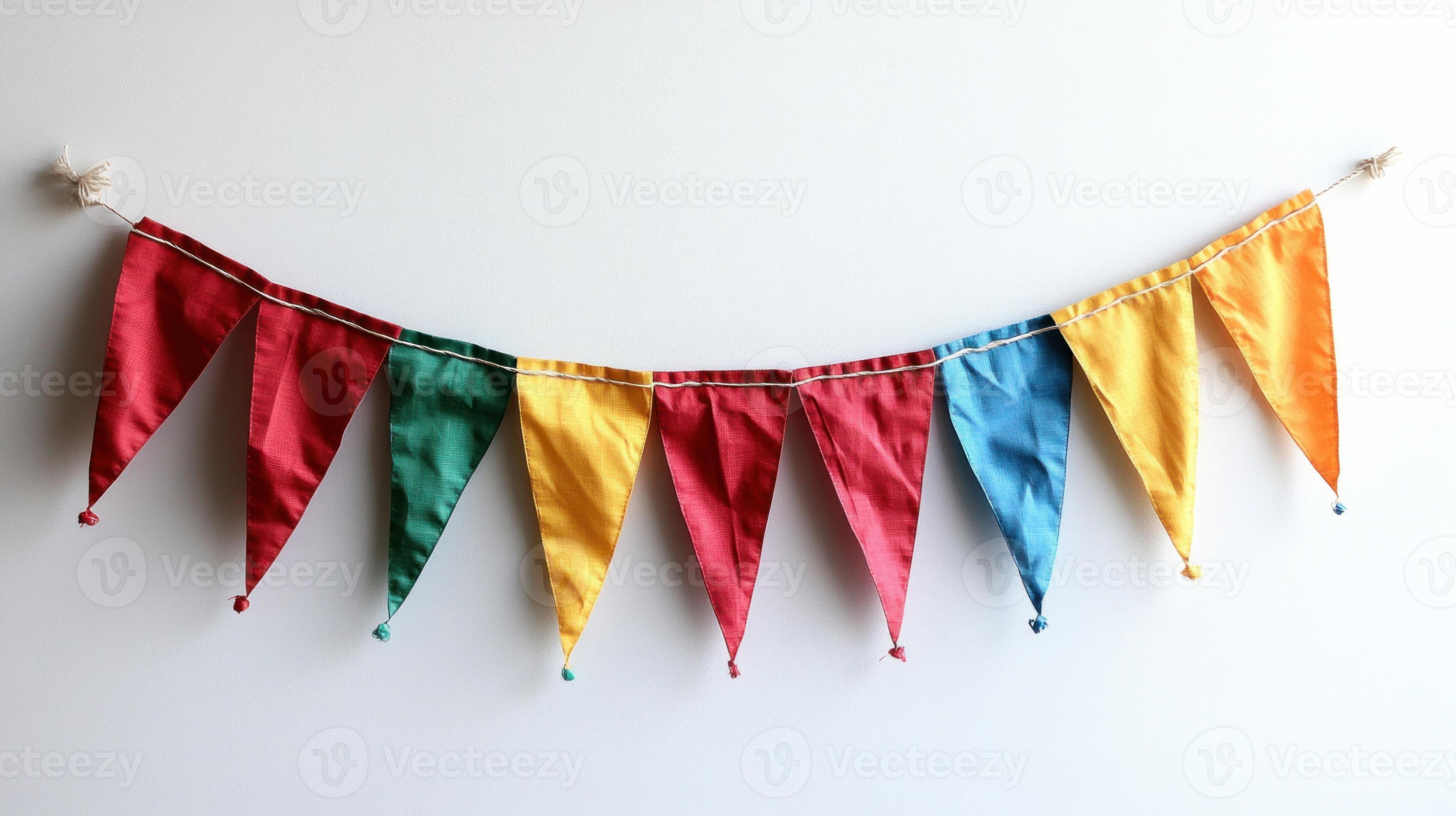 Brightly colored fabric flags hang cheerfully, adding joy and a festive vibe to any celebration ...