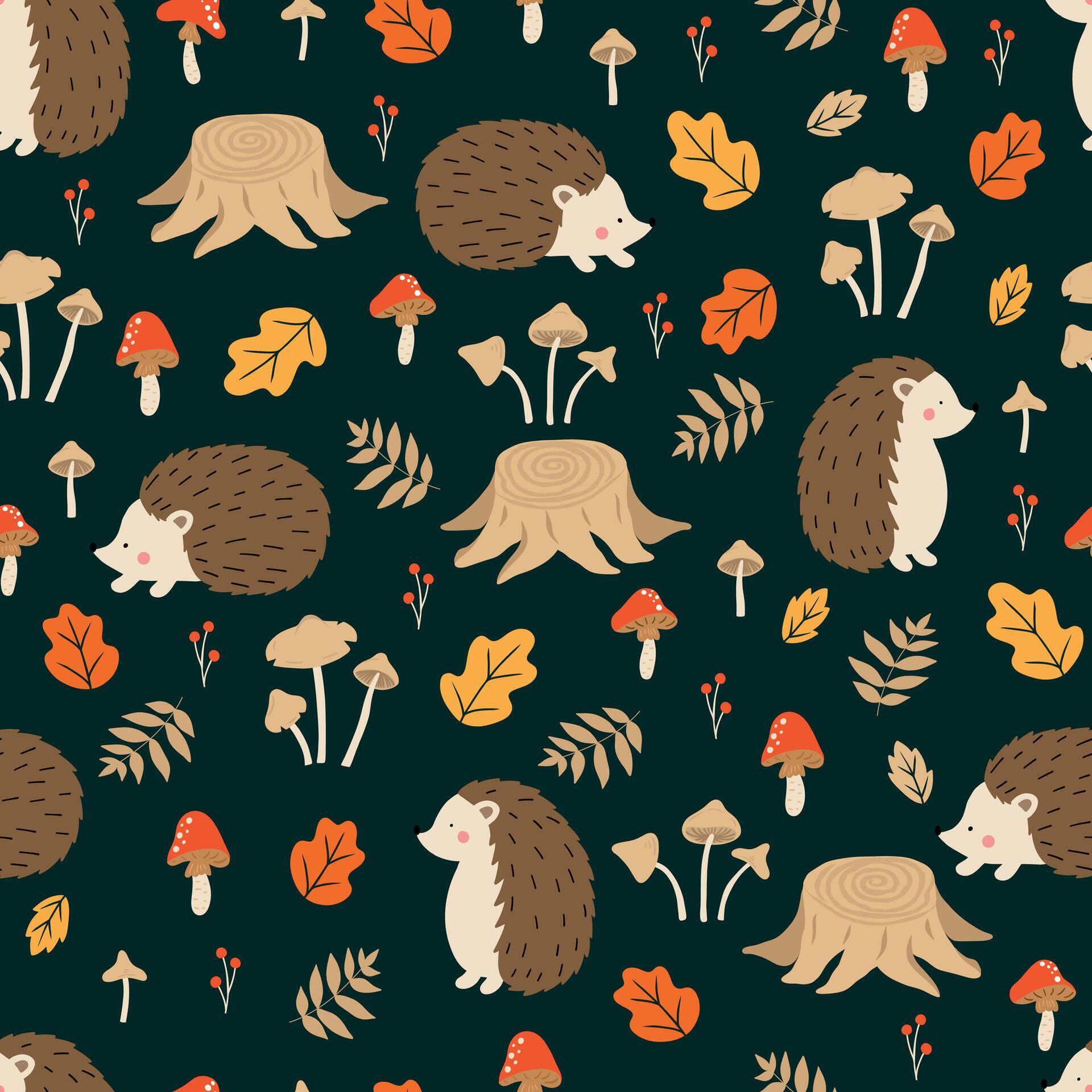 Seamless pattern with cute hedgehogs, mushrooms and leaves in the ...