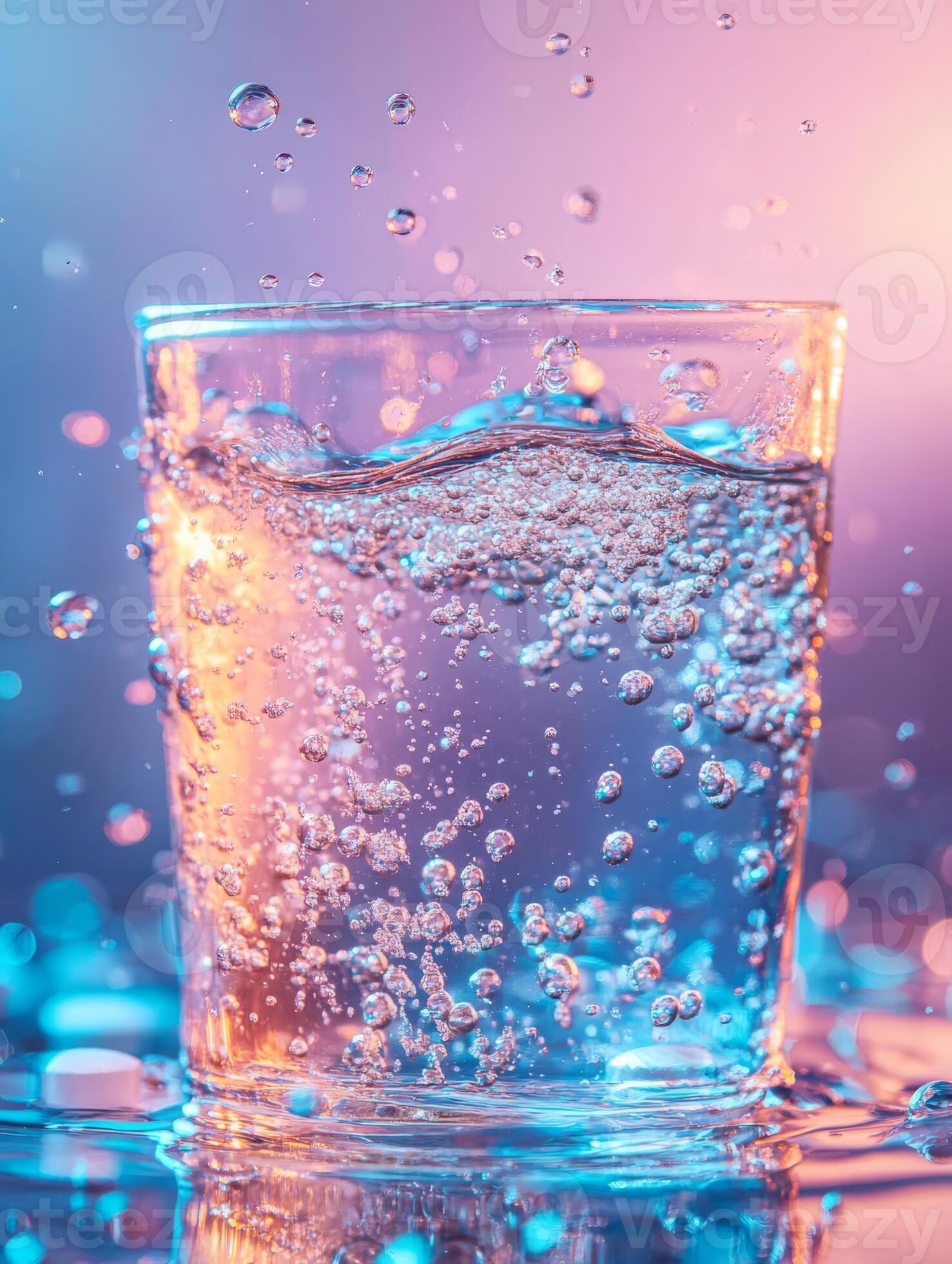 Effervescent tablets dissolve in water, creating vibrant bubbles that blend science with art ...