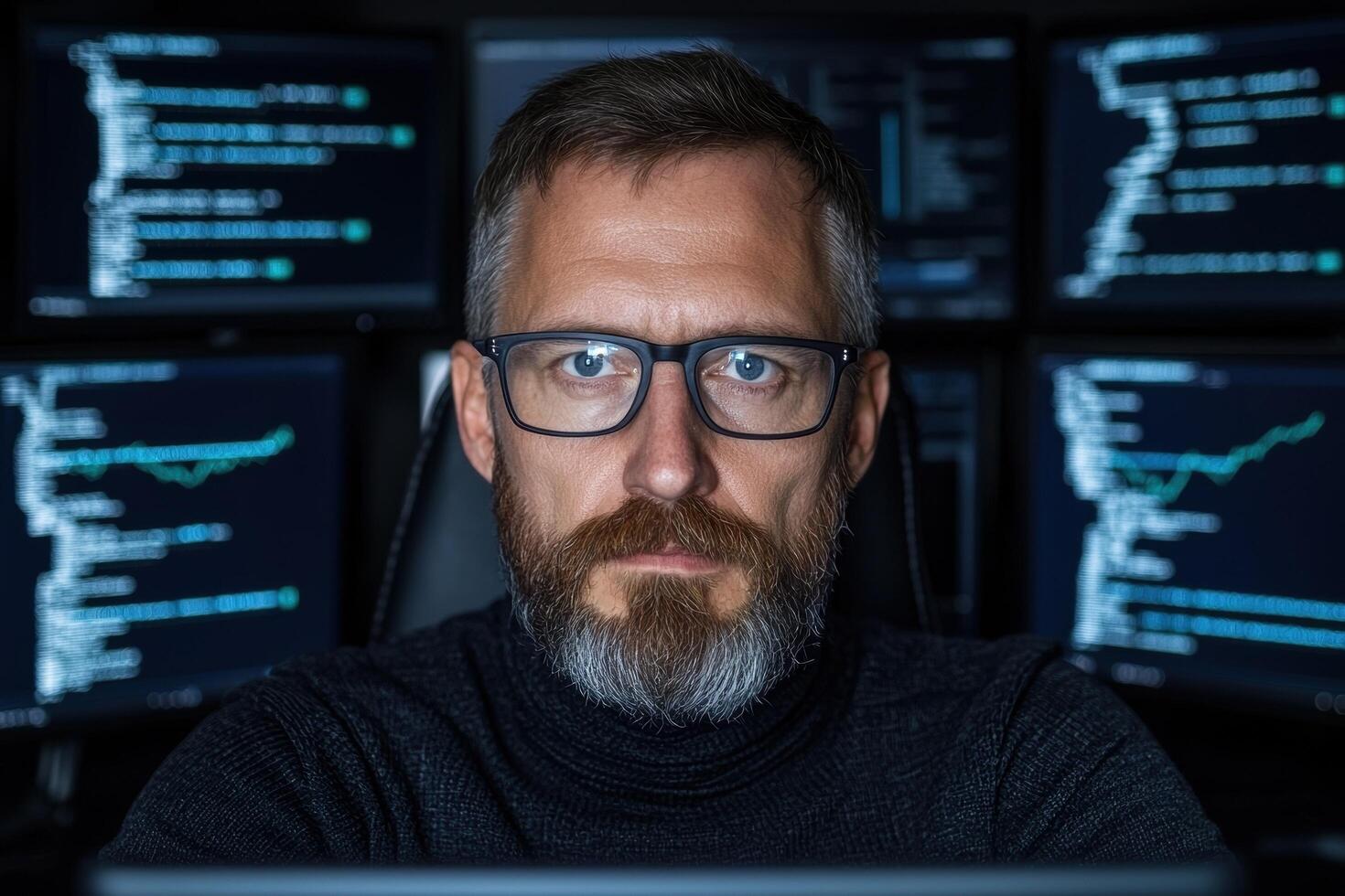 Focused programmer working late at night on multiple computer screens 54915391 Stock Photo at ...