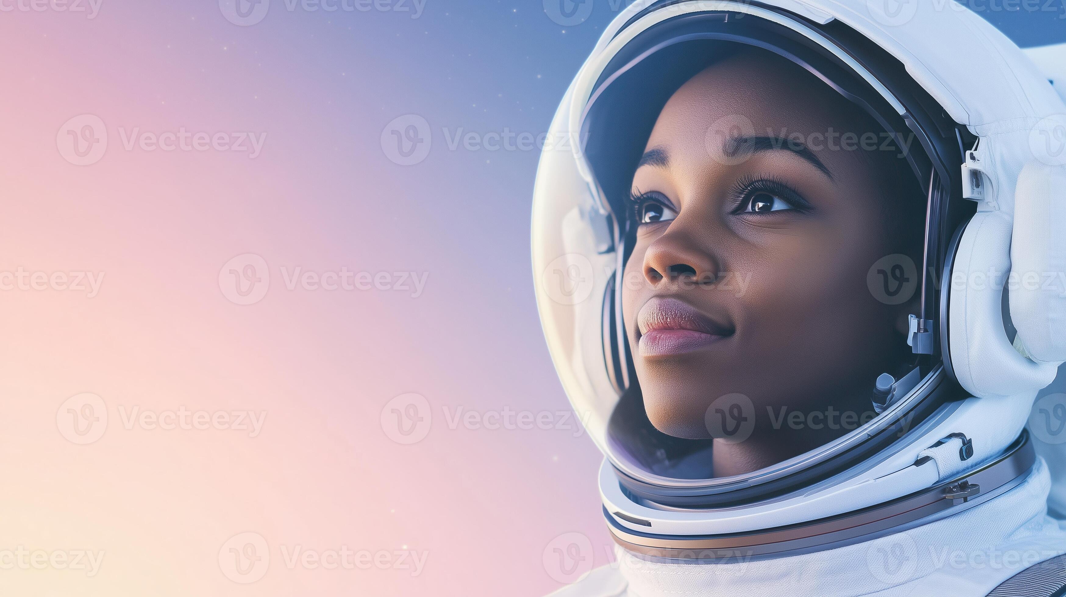 Female Astronaut in Space Suit Gazing at Earth from Orbit with Dreamy Background in Outer Space ...