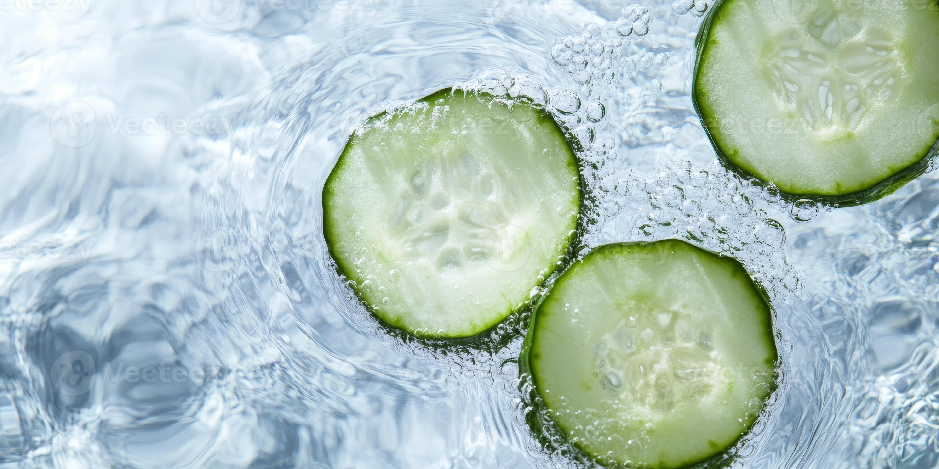 Three cucumber slices floating in a glass of water. The water is clear and the cucumbers are ...