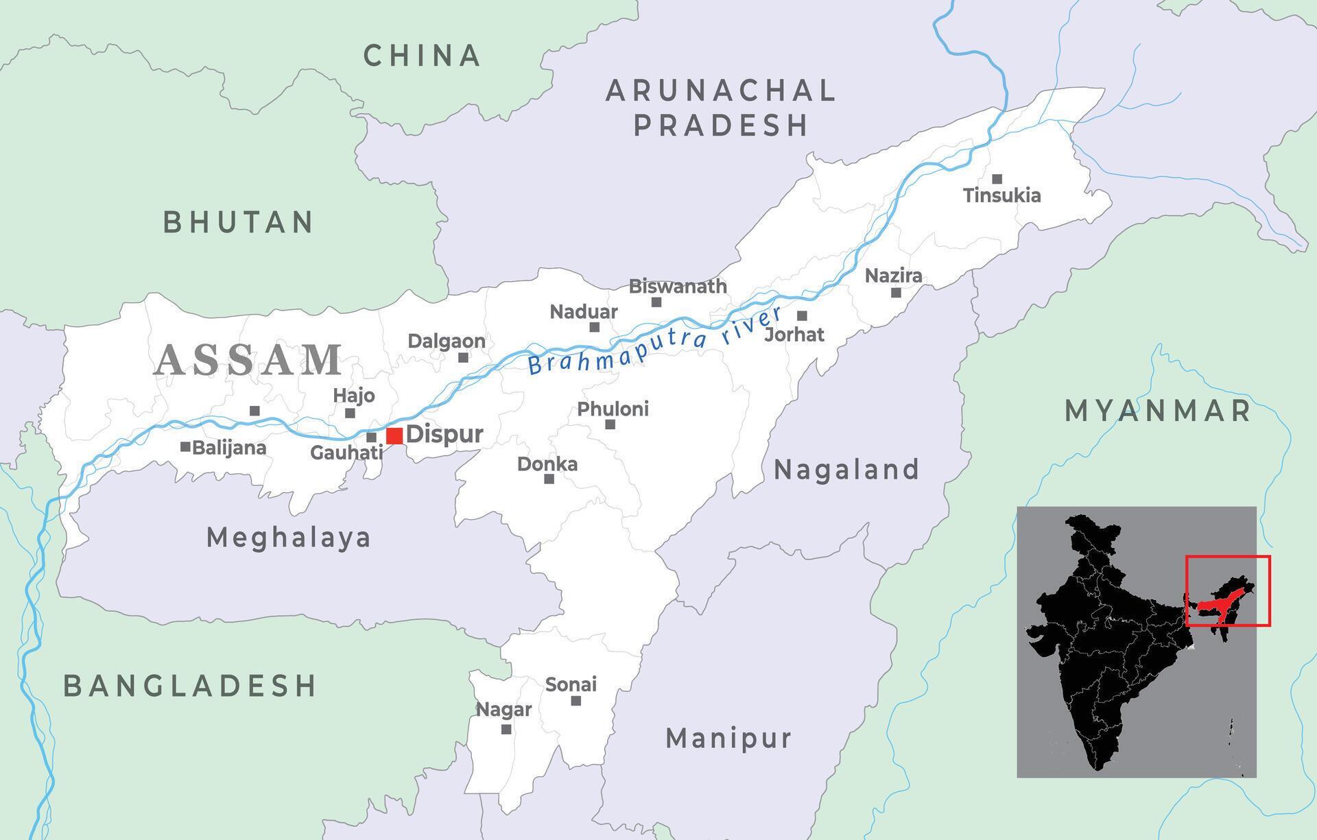 Assam map highlighting its geography, borders, districts, major cities, towns, natural landmarks ...