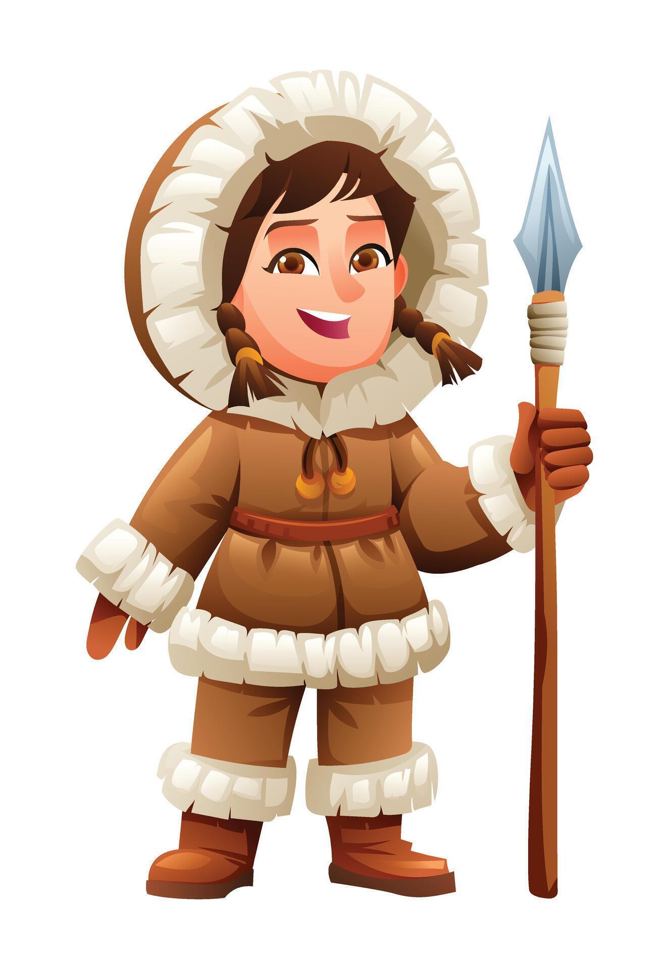 Cute eskimo girl character holding a spear, wearing traditional fur outfit. Cartoon illustration ...
