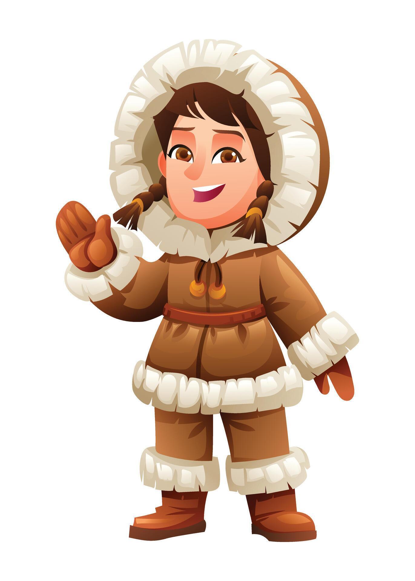 Eskimo girl waving in a cheerful pose, wearing traditional fur outfit. Cartoon character ...
