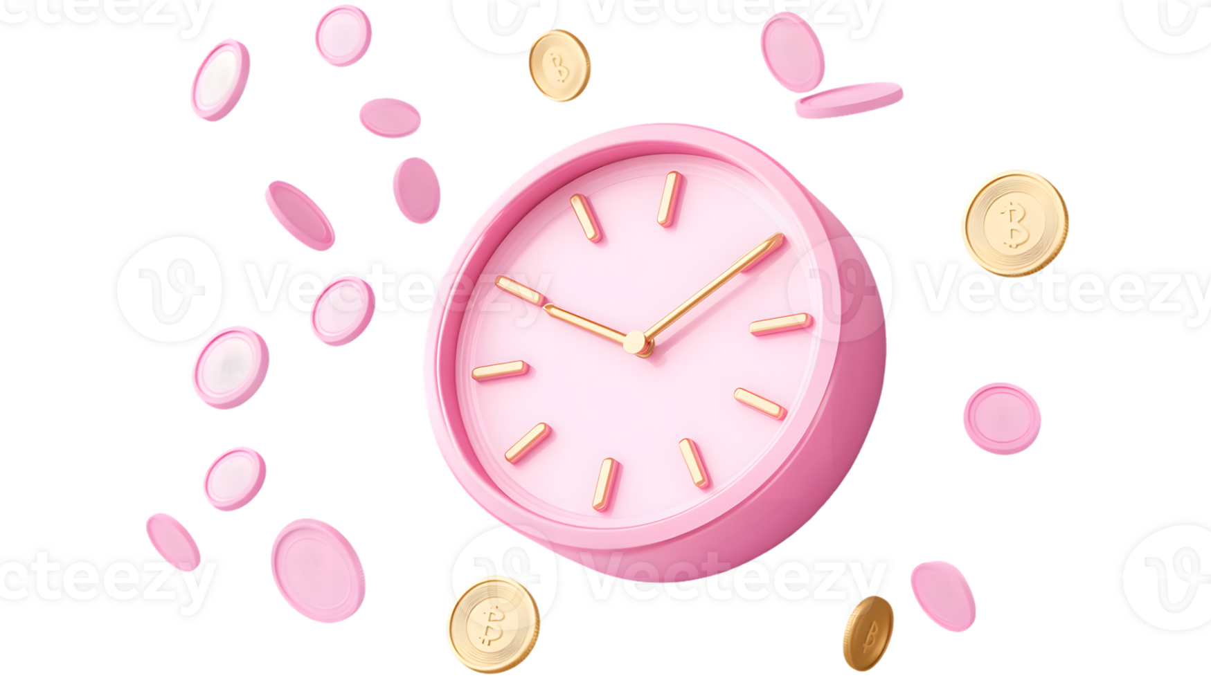 Whimsical pink clock surrounded by floating gold and pink coins ...