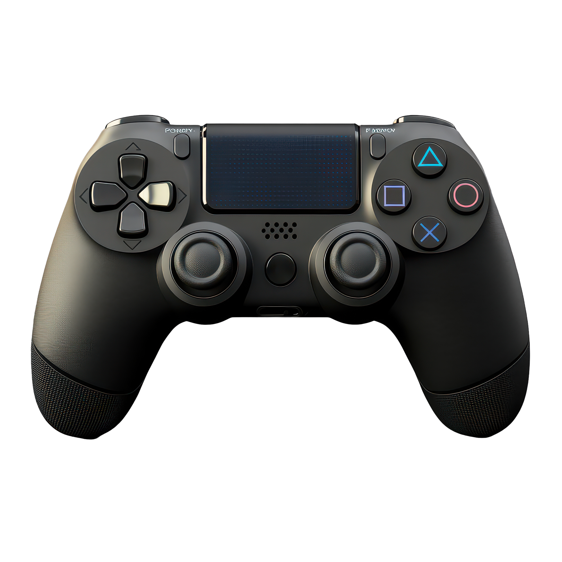 Black game controller featuring unique button layout set against a ...